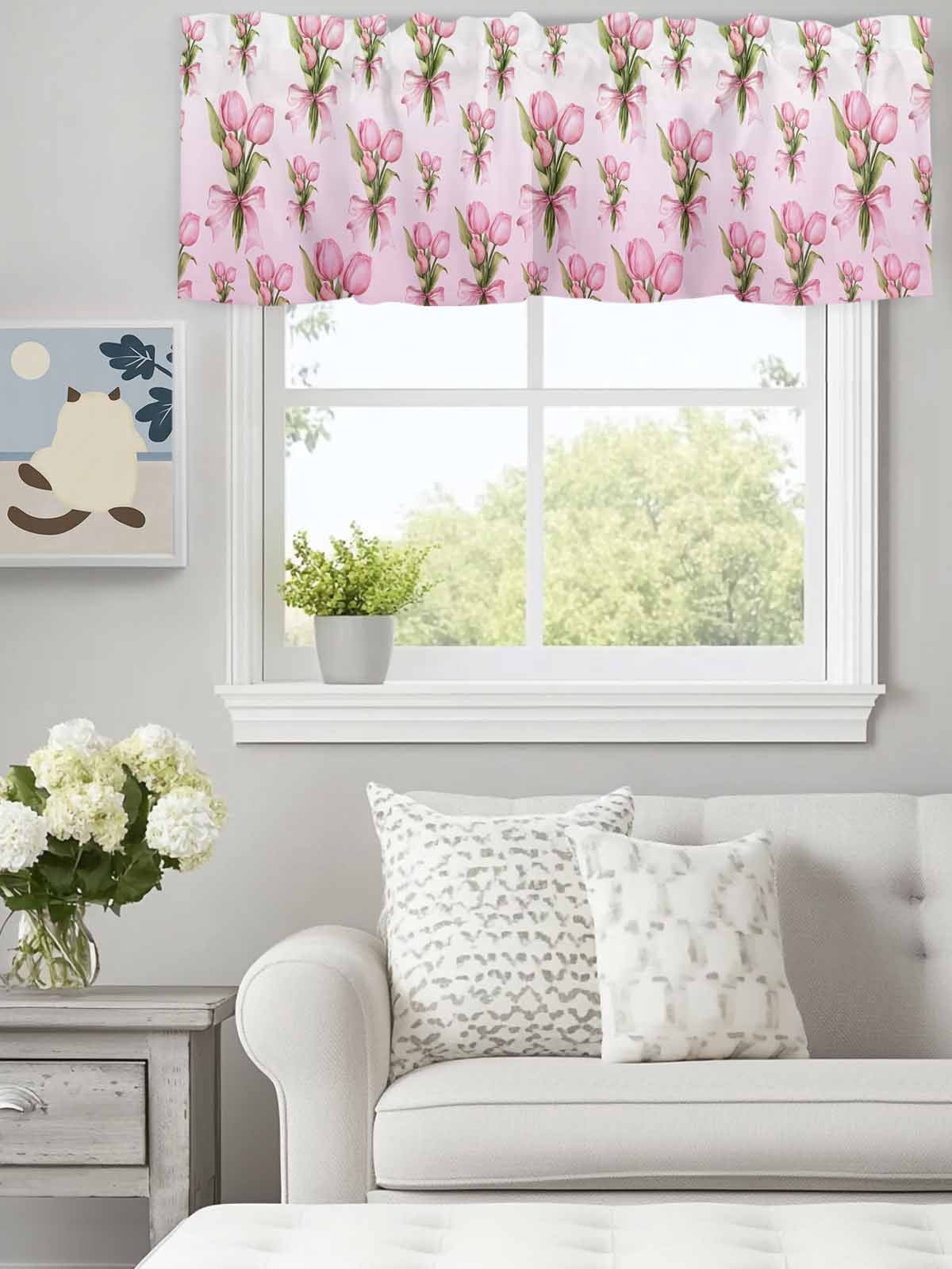 Curtain Valance for Windows, Spring Watercolor Pink Tulips Leaves Bow ...