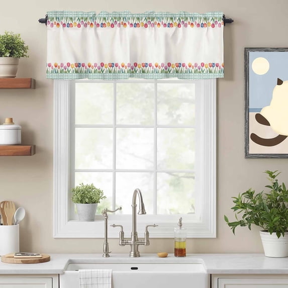 Curtain Valance for Windows, Spring Watercolor Tulips on Beige Kitchen ...