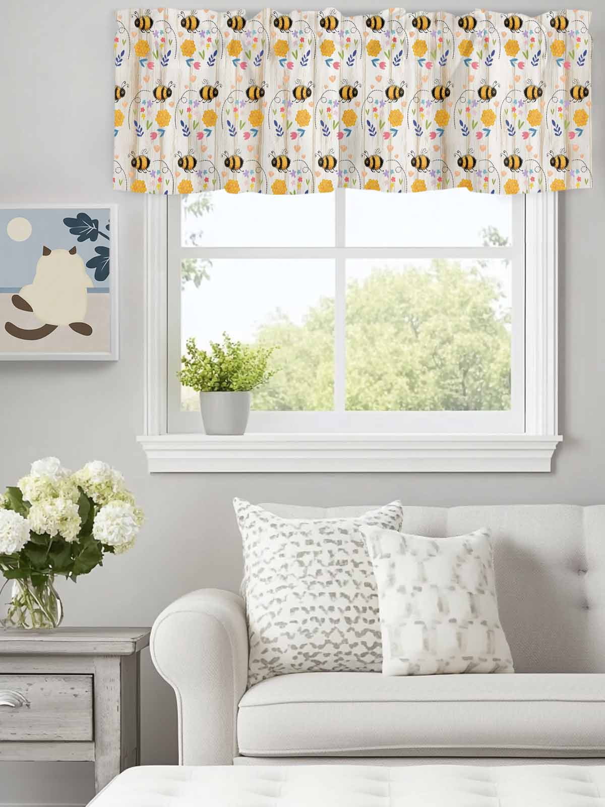 Curtain Valance for Windows, Spring Wildflowers Bees Kitchen Valances ...