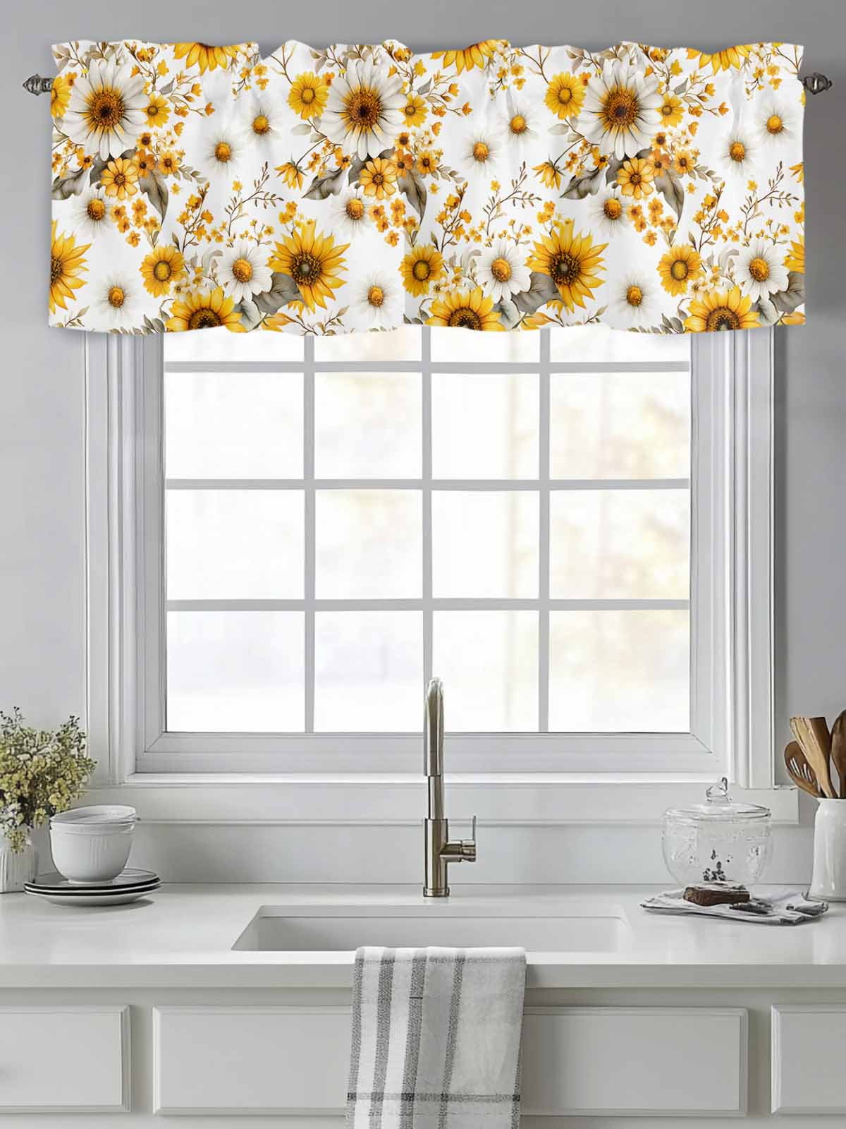 Curtain Valance for Windows,Spring Yellow Sunflower Watercolor Kitchen ...