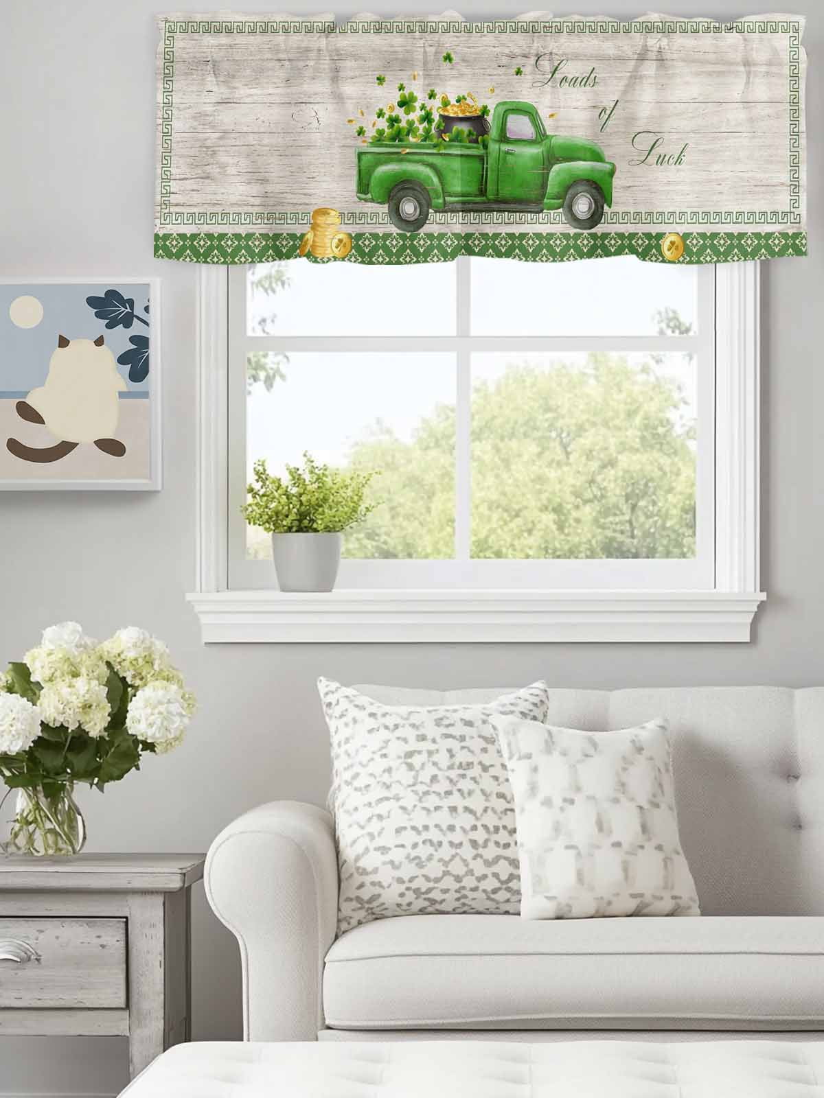 Curtain Valance for Windows, St. Patrick's Day Green Truck Luck Leaves ...