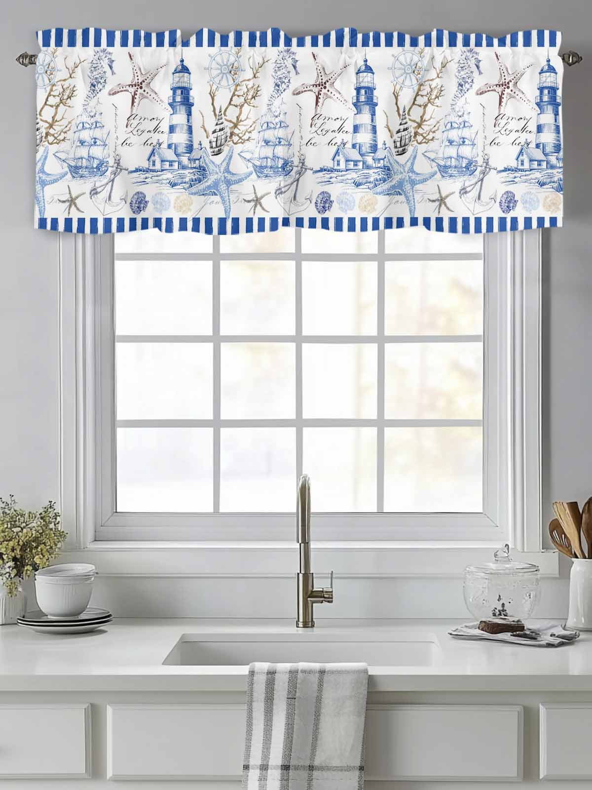 Curtain Valance for Windows,Starfish Nautical Anchor Shell Boat Kitchen ...