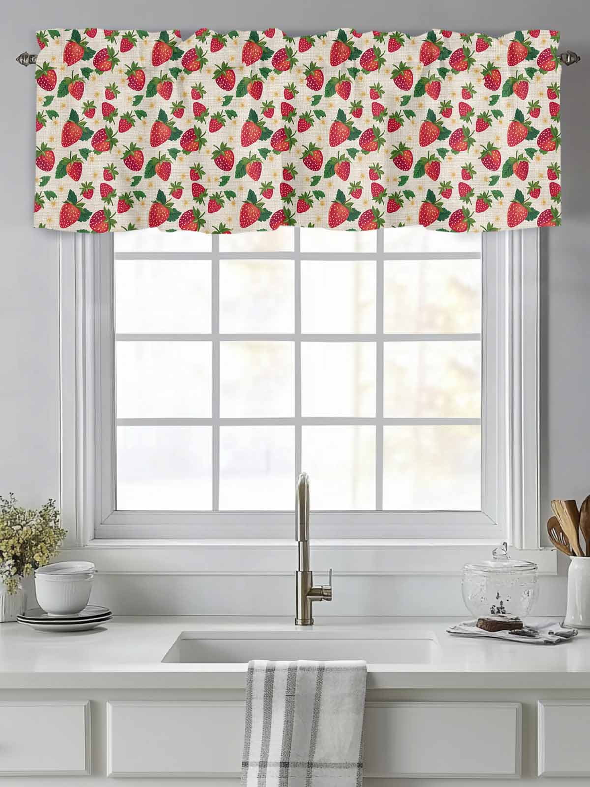 Curtain Valance for Windows,Strawberry Summer Flower Seamless Kitchen ...