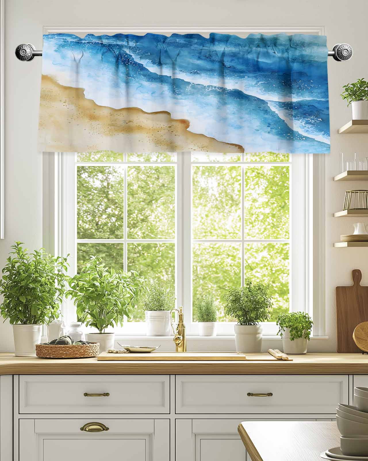 Curtain Valance for Windows,Summer Beach Blue Waves Kitchen Valances ...
