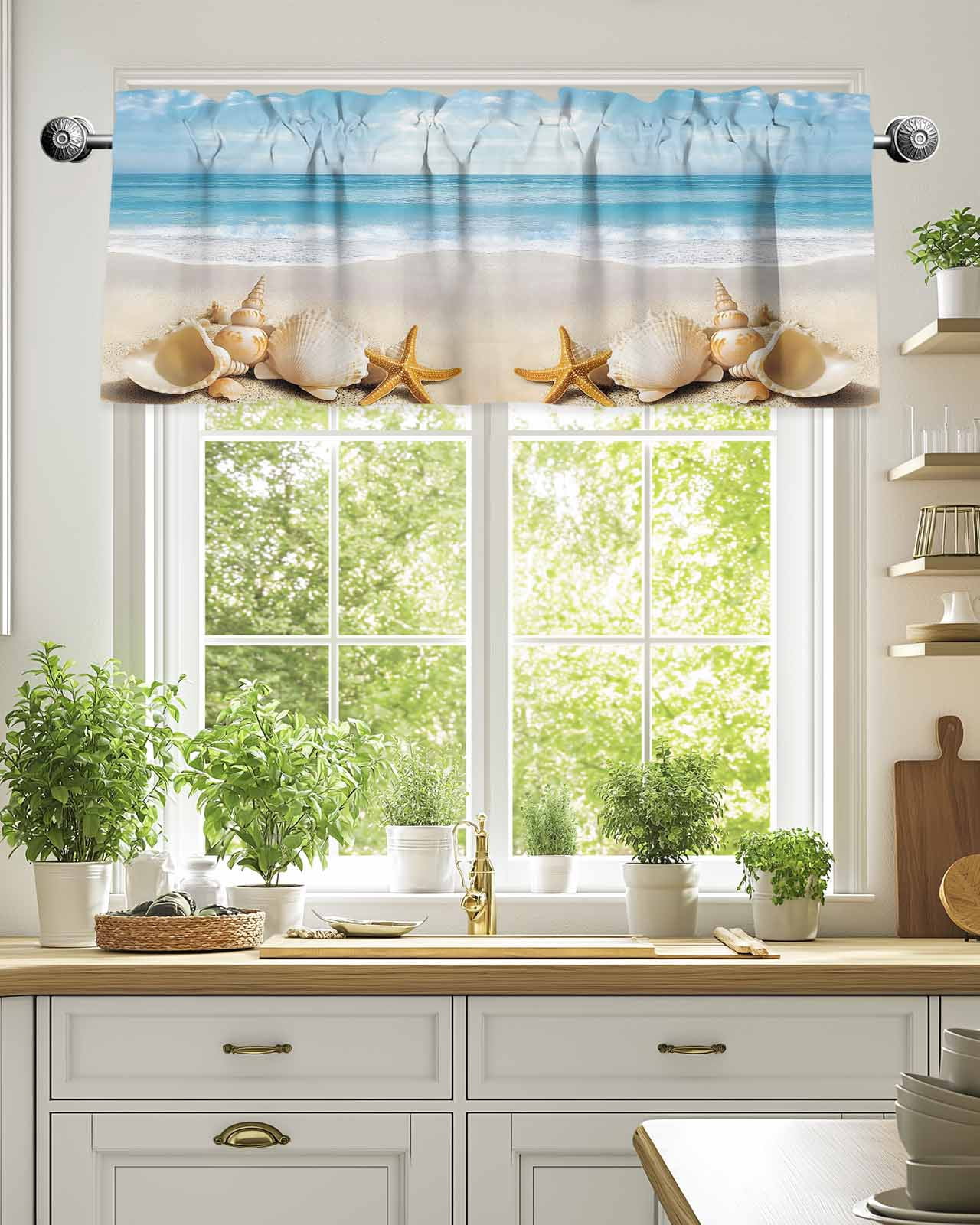 Curtain Valance for Windows,Summer Beach Shells Starfish Kitchen ...