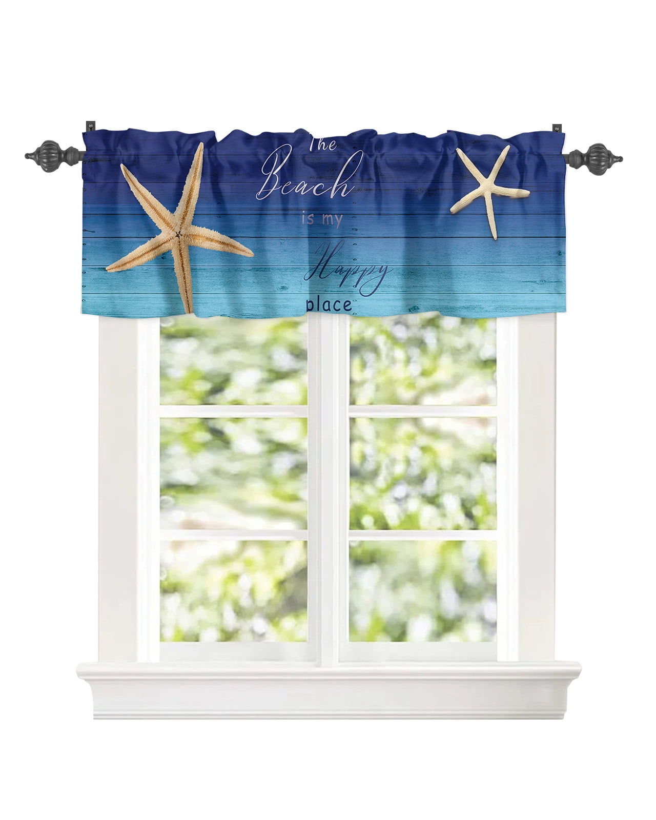 Curtain Valance for Windows Summer Beach Starfish Blue Gradient Wooden ...