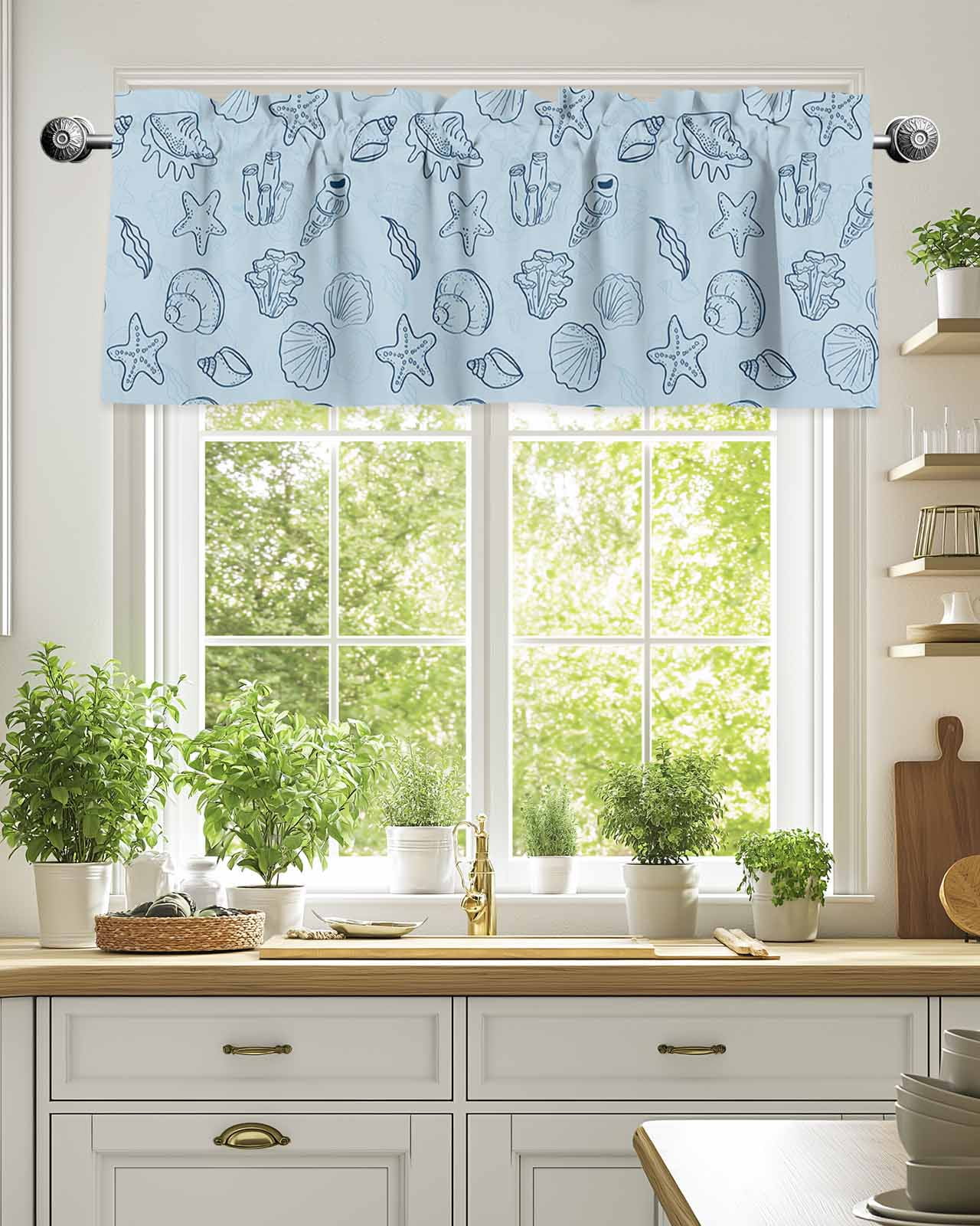 Curtain Valance for Windows,Summer Coastal Starfish Blue Shell Kitchen ...