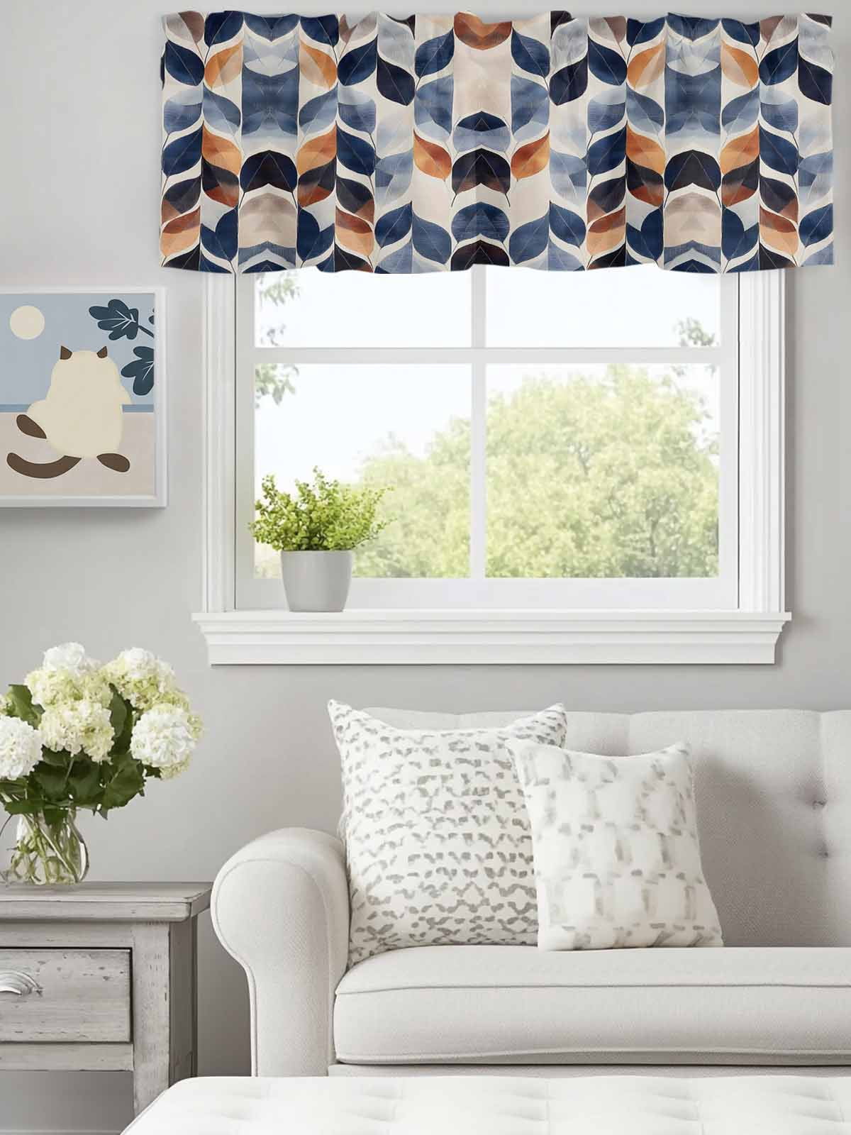 Curtain Valance for Windows, Summer Gradient Blue Brown Leaf Kitchen ...