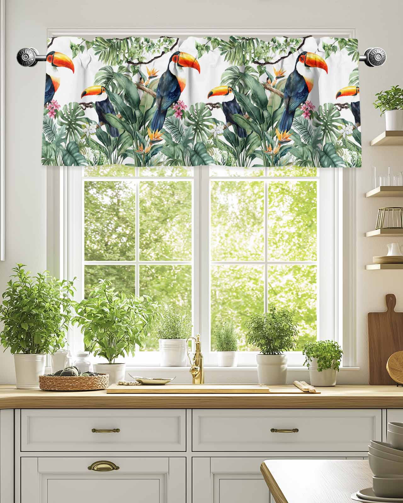Curtain Valance for Windows,Summer Green Palm Leaf Toucan Kitchen ...