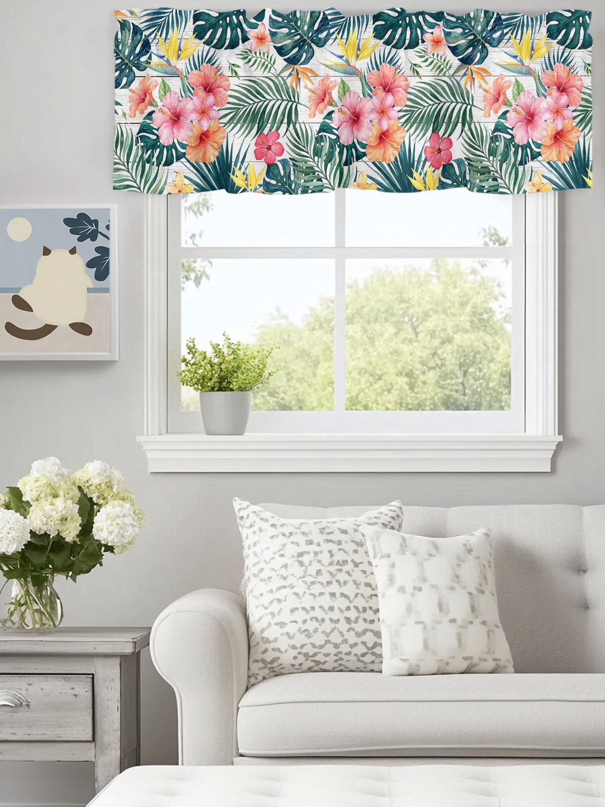 Curtain Valance for Windows, Summer Hibiscus Monstera Kitchen Valances ...