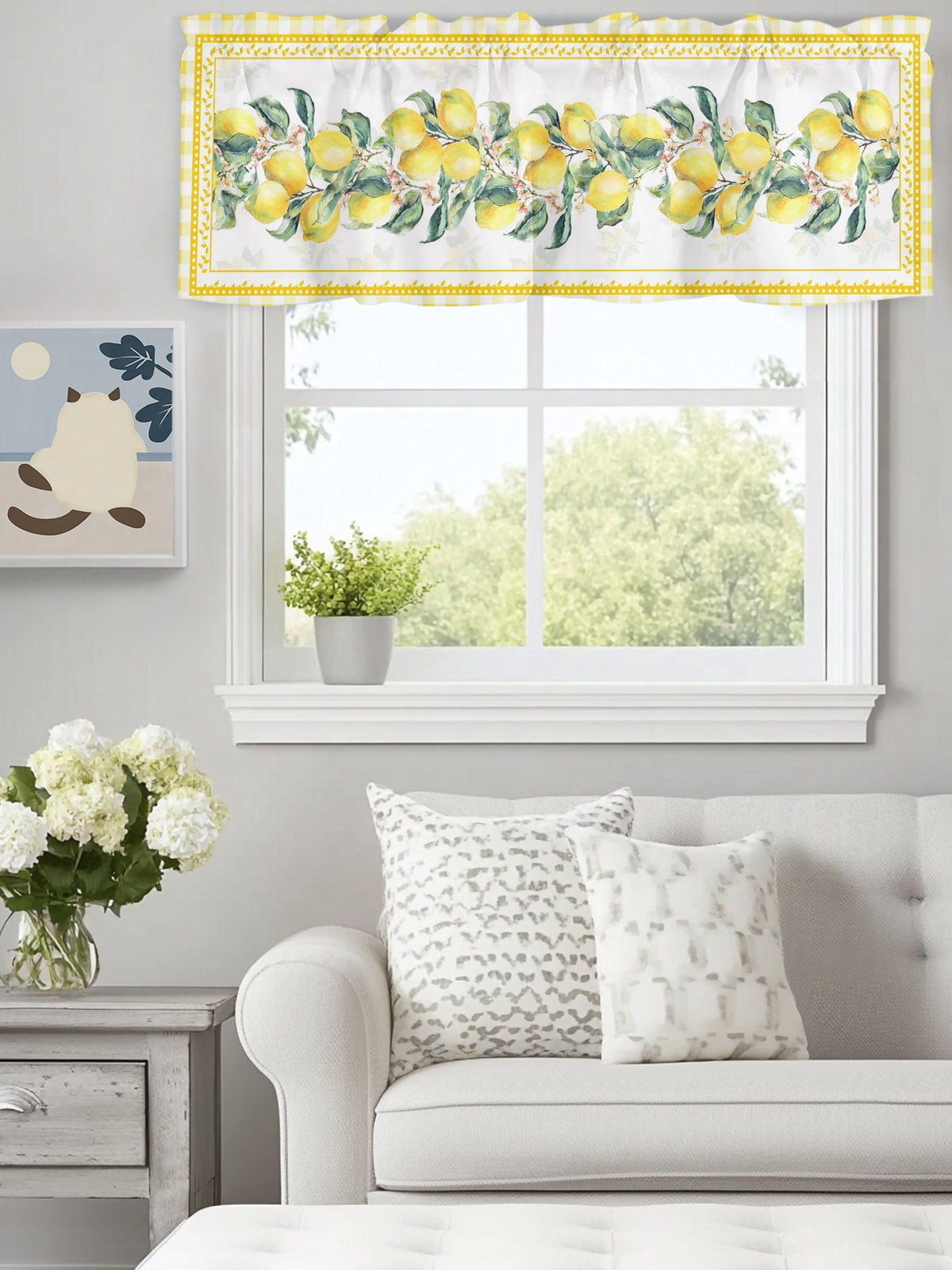 Curtain Valance for Windows, Summer Lemon Farm Sketch Leaf Kitchen ...