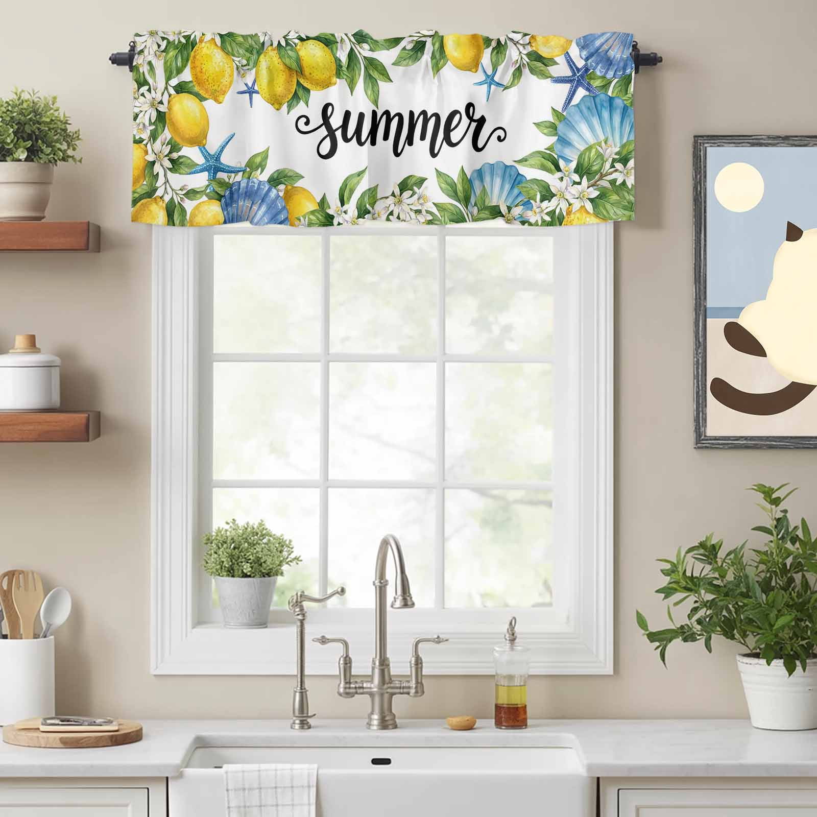Curtain Valance for Windows, Summer Lemon Flower Leaf Kitchen Valances ...