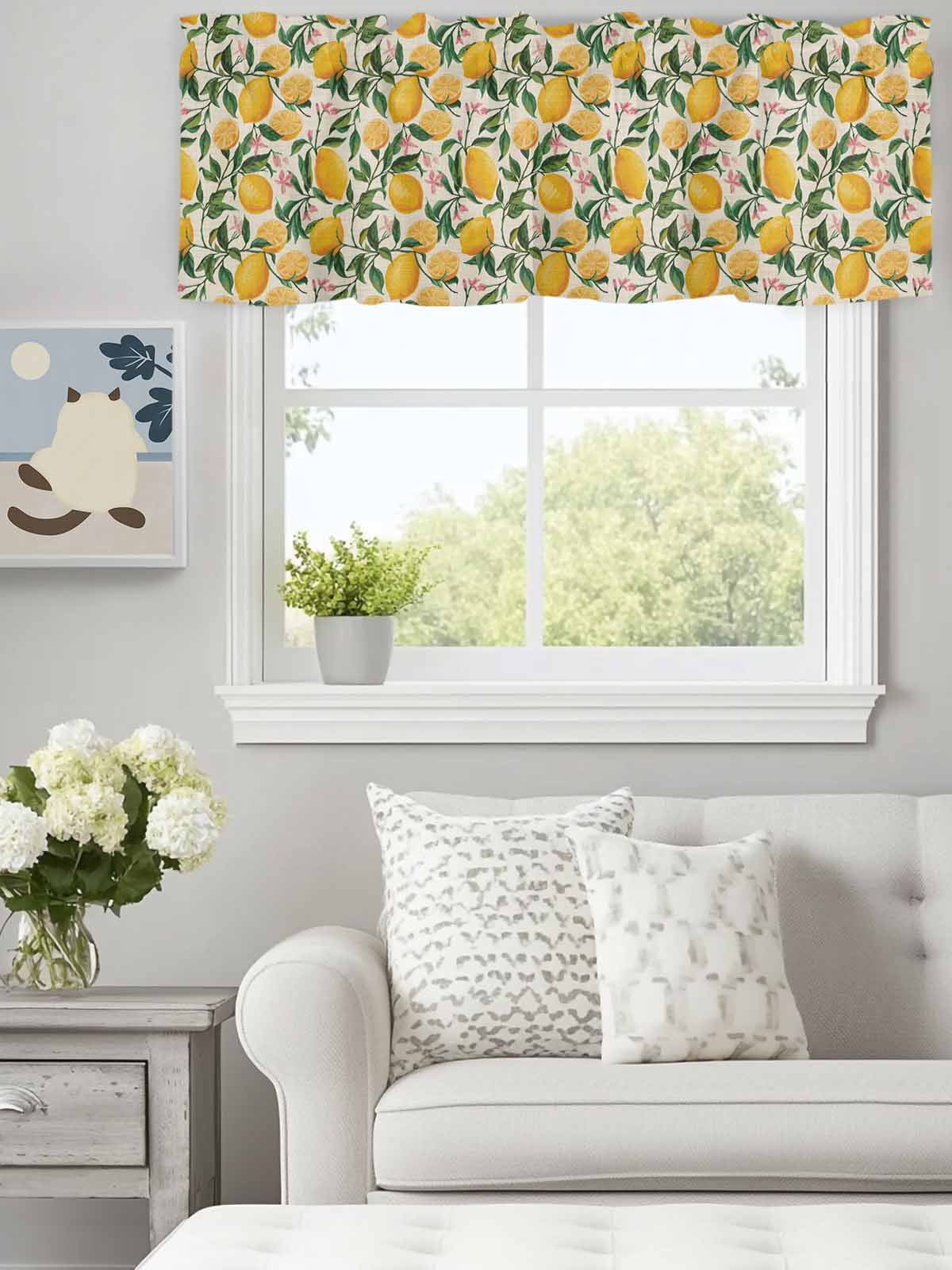 Curtain Valance for Windows,Summer Lemon Leaves Pink Flower Kitchen Valances Rod Pocket Short ...