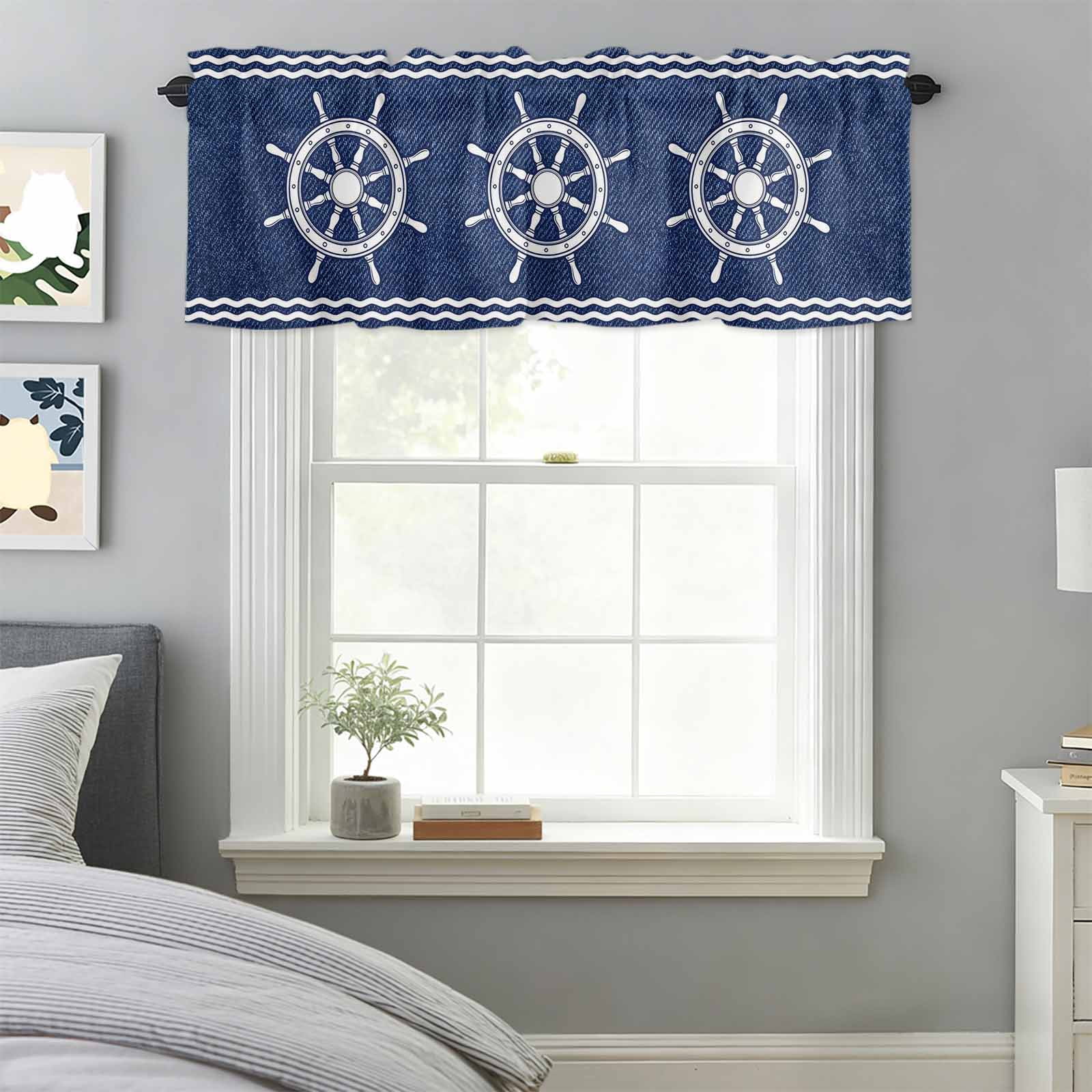 Curtain Valance for Windows, Summer Marine Nautical Rudder Denim ...