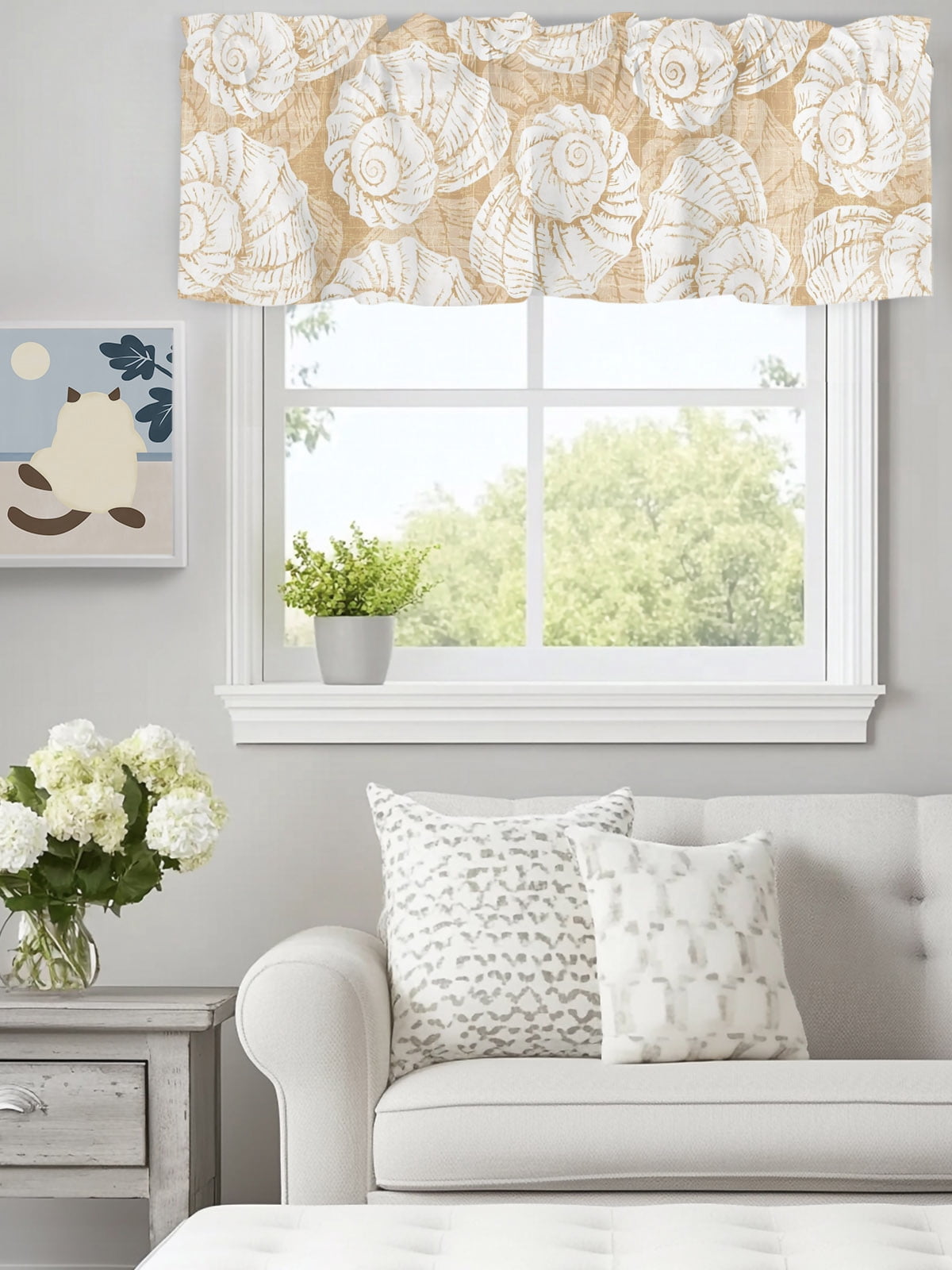 Curtain Valance for Windows, Summer Ocean Coral Light Brown White ...