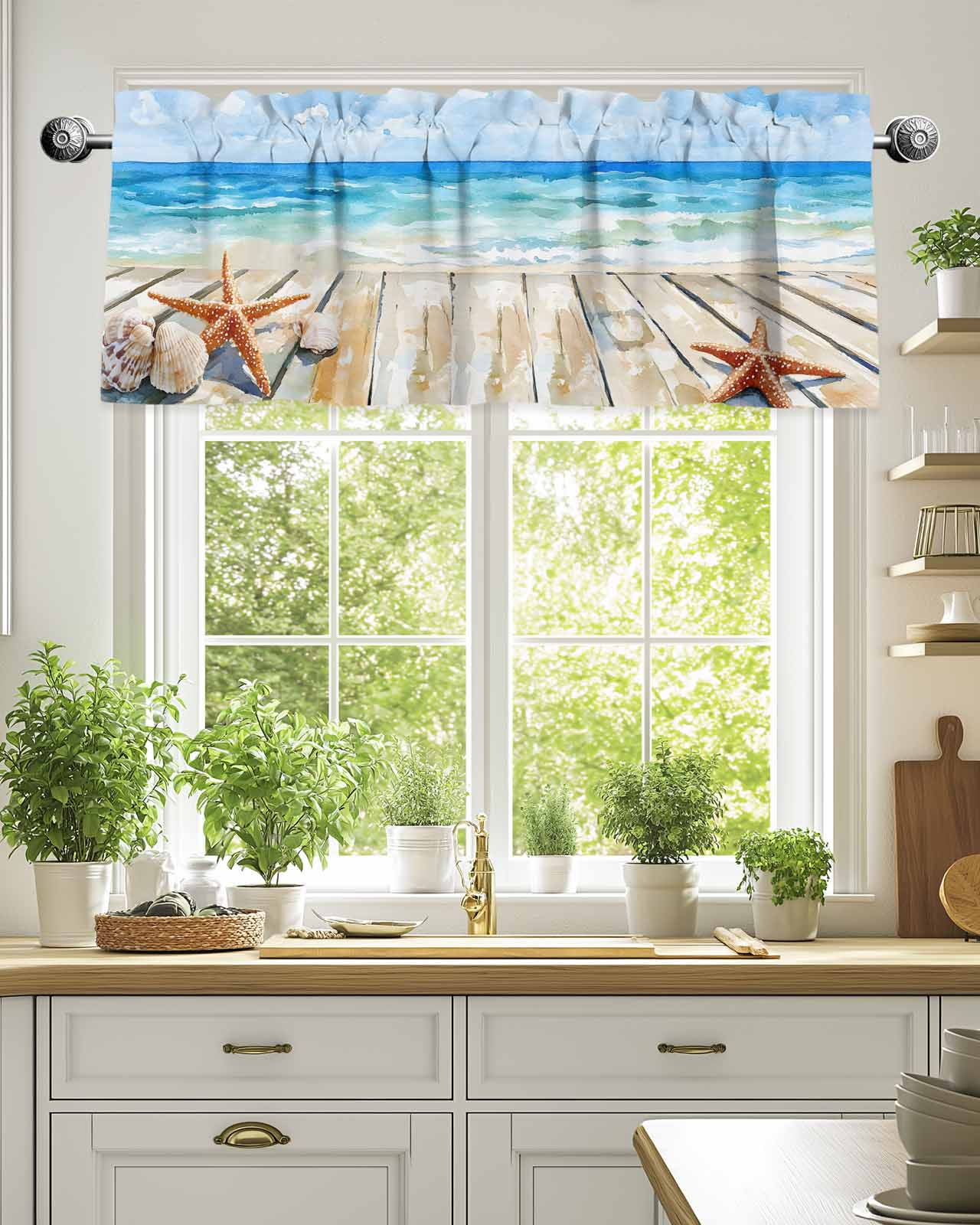 Curtain Valance for Windows,Summer Ocean Starfish Shell Kitchen ...
