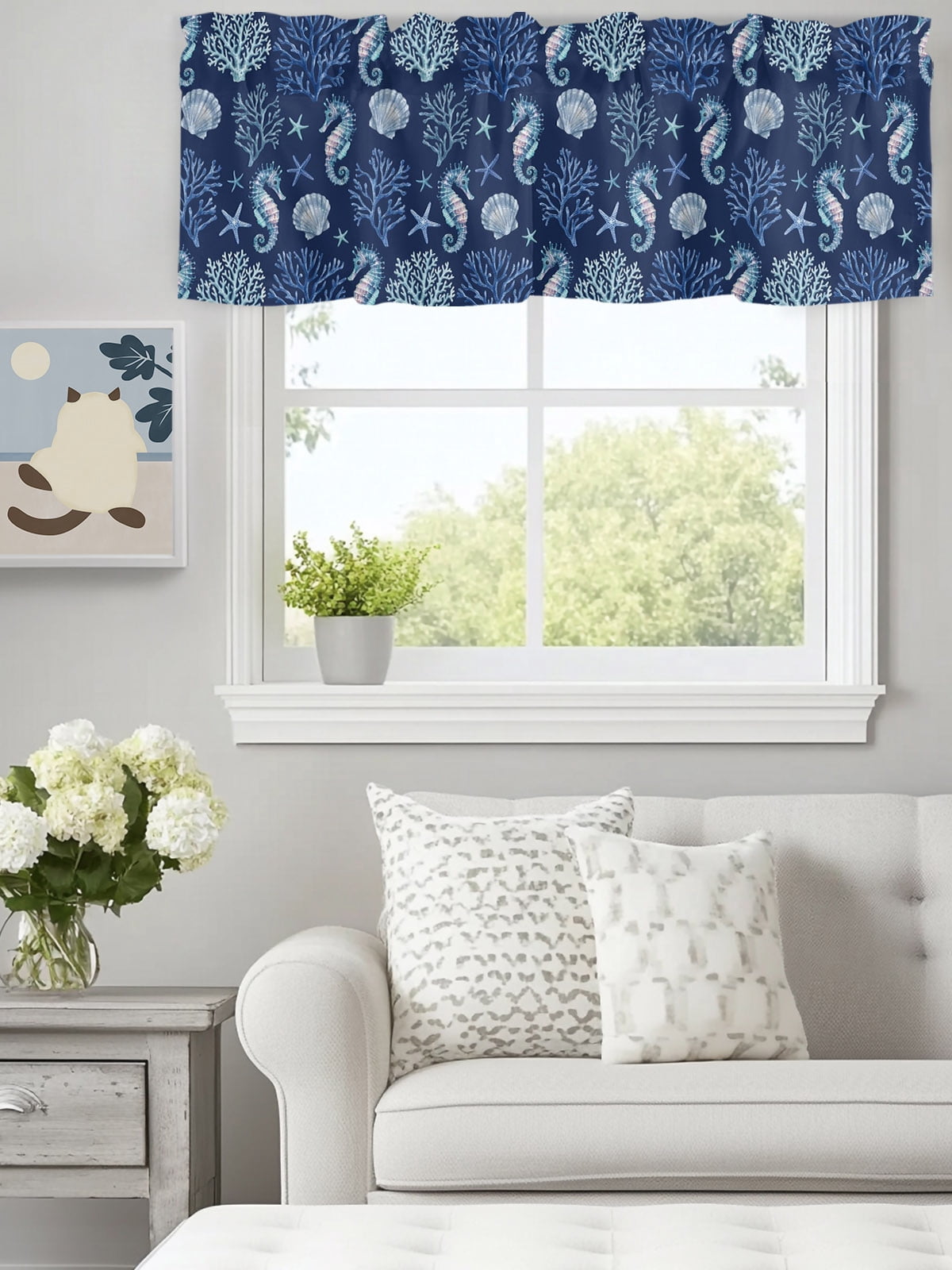 Curtain Valance for Windows, Summer Ocean Theme Navy Blue Kitchen ...