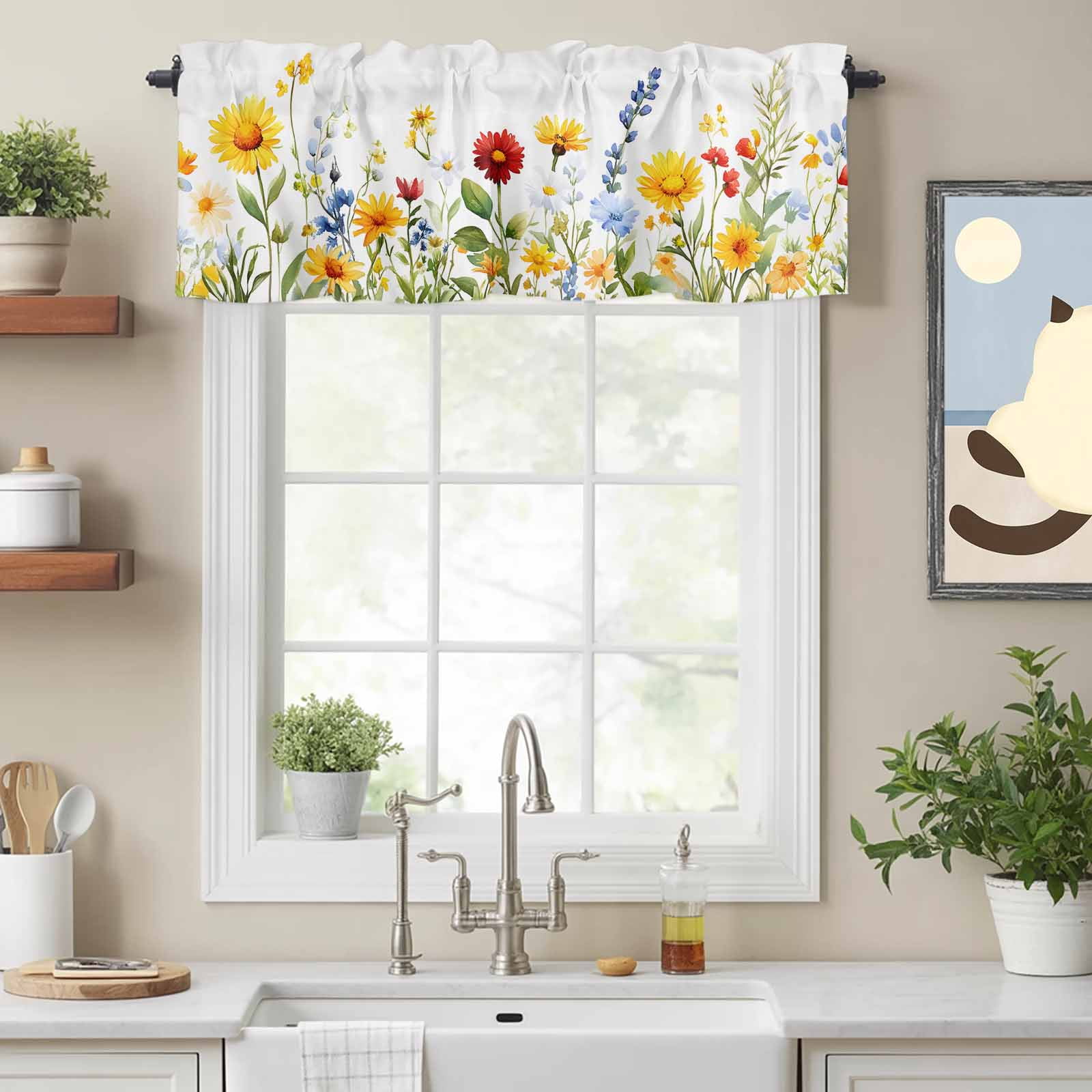 Curtain Valance for Windows, Summer Pastoral Yellow Red Daisy Kitchen ...