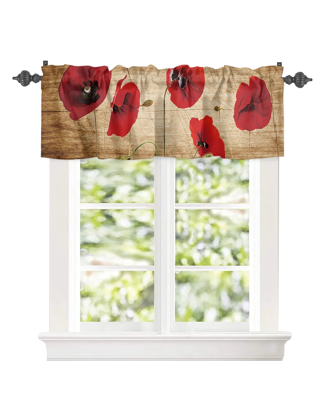 Curtain Valance for Windows Summer Red Floral Poppy Kitchen Valances ...