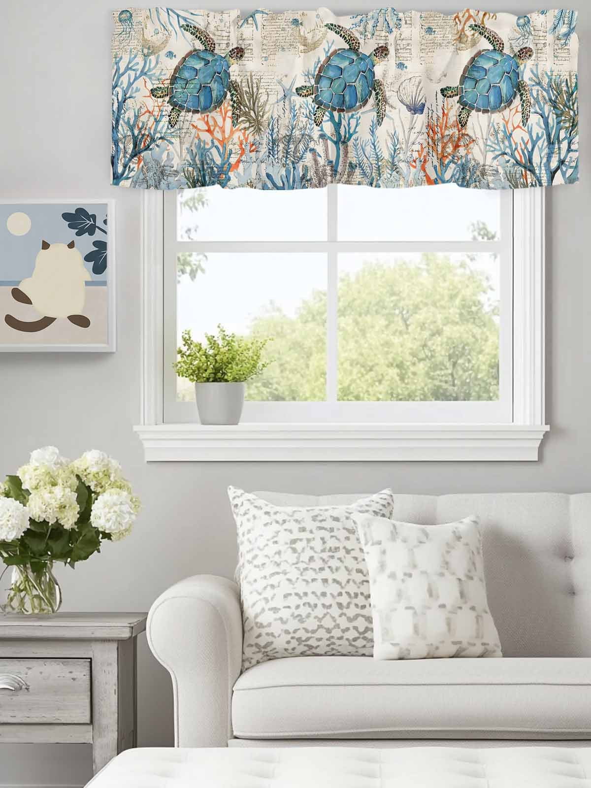 Curtain Valance for Windows,Summer Sea Turtle Blue Coral Starfish ...