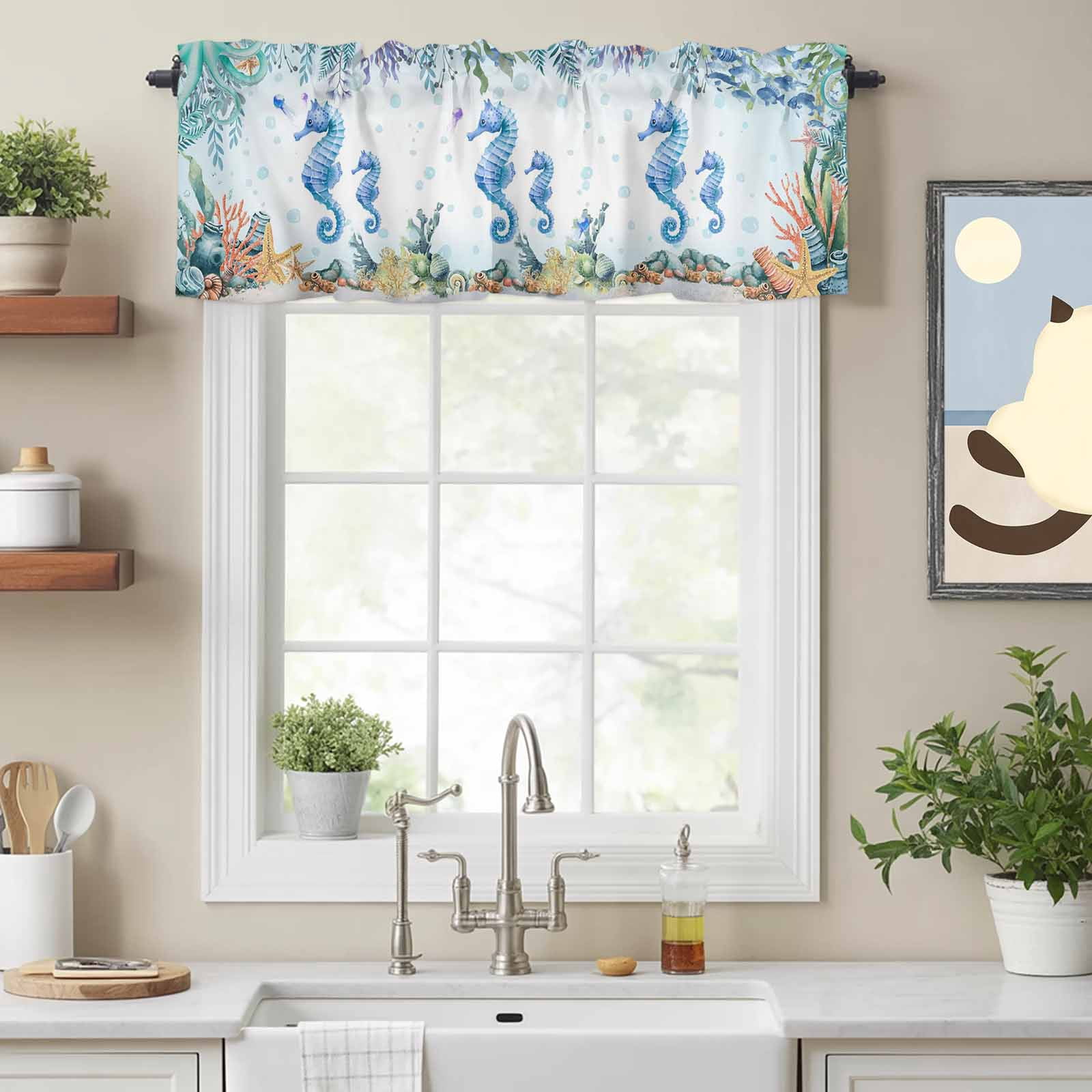 Curtain Valance for Windows, Summer Seahorse Starfish Seaweed Kitchen ...