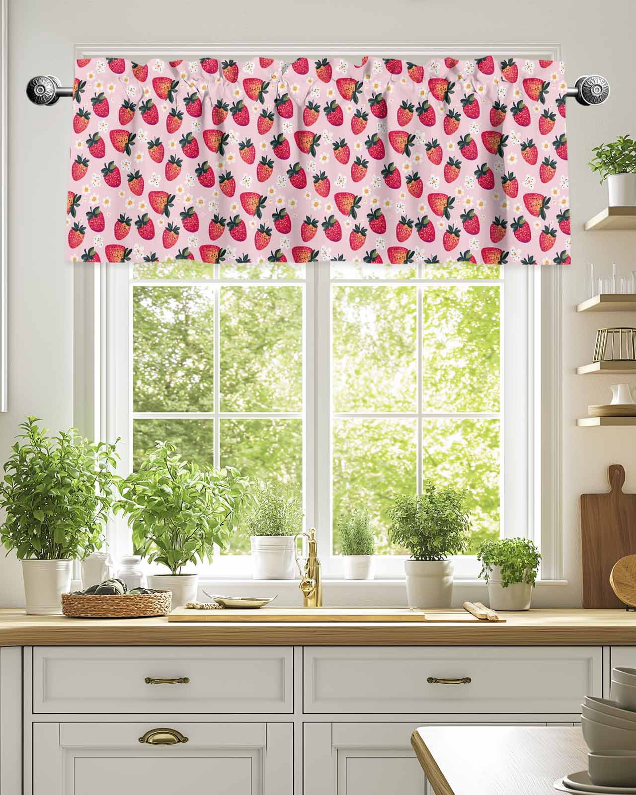 Curtain Valance for Windows,Summer Strawberry Flower on Pink Kitchen ...