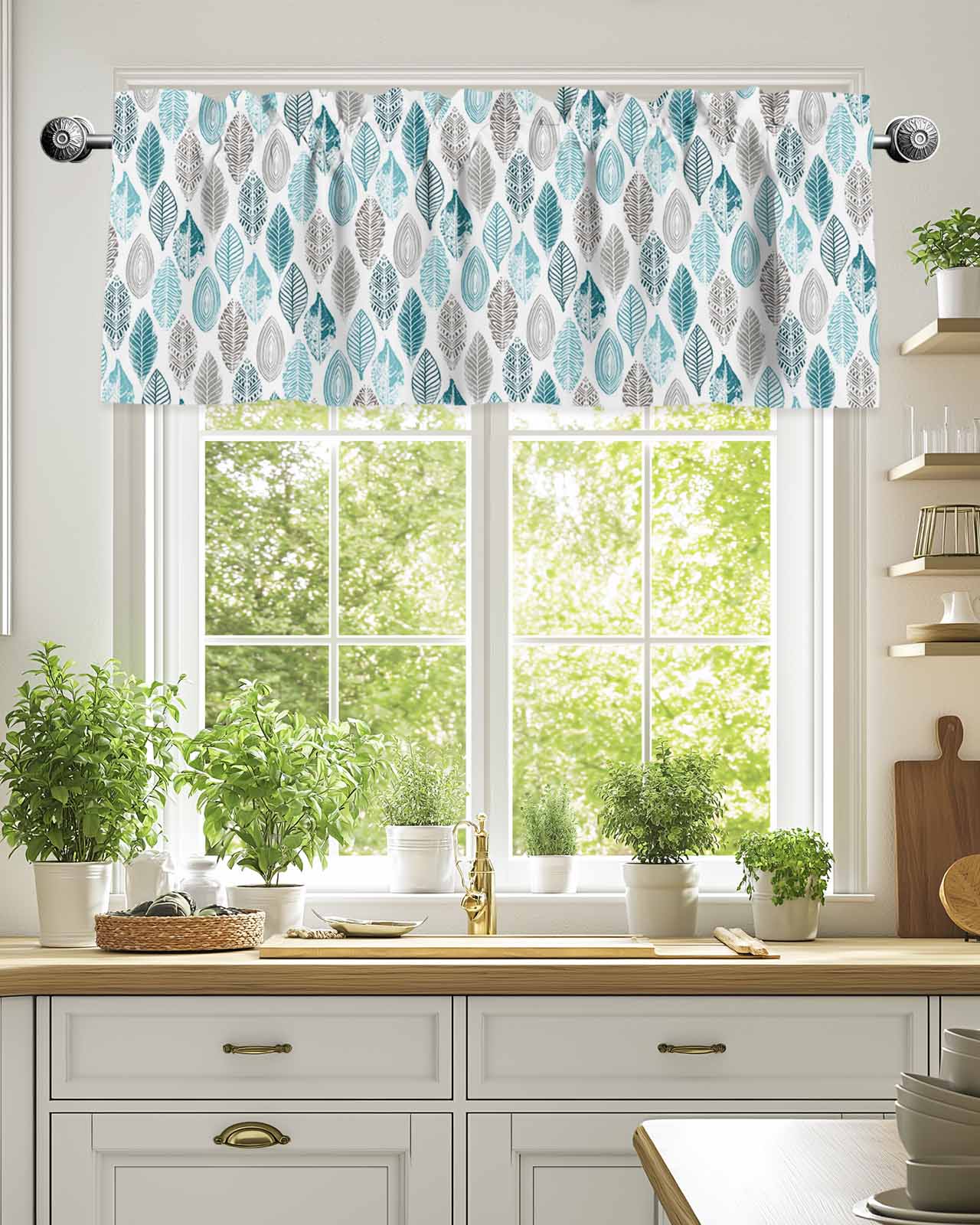 Curtain Valance for Windows,Summer Teal Leaves Watercolor Tropical Leaf ...