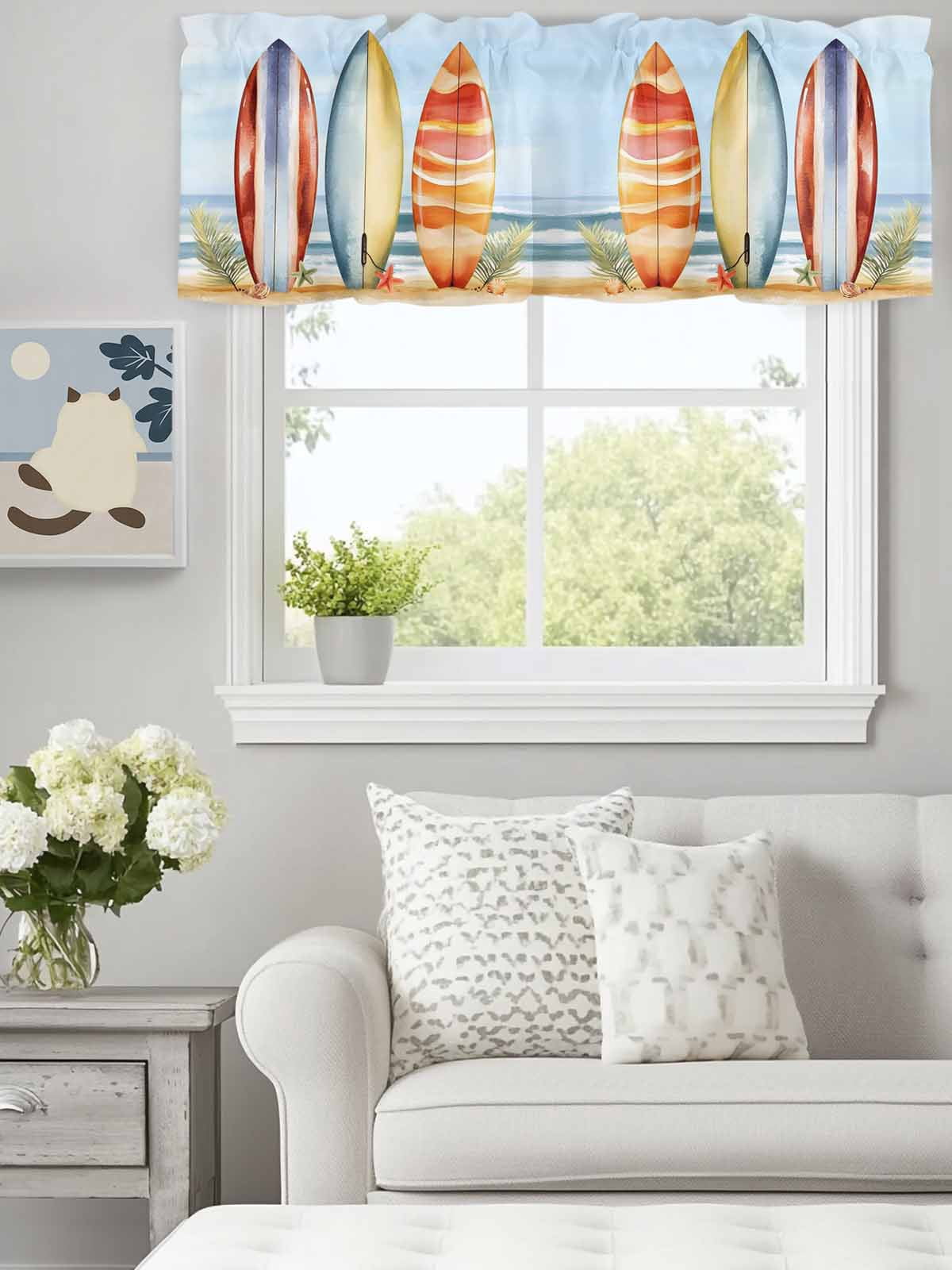 Curtain Valance for Windows, Summer Watercolor Striped Surfboard ...