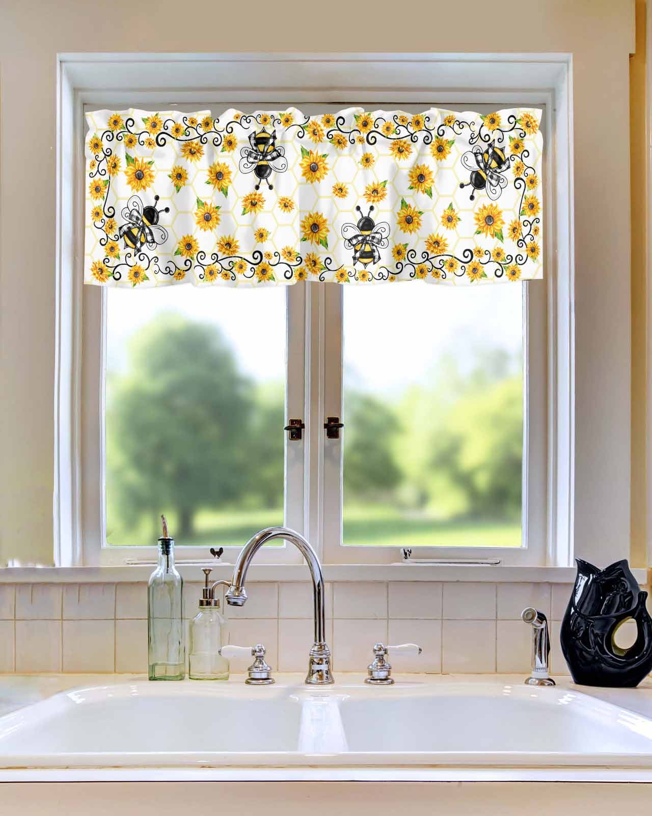 Curtain Valance for Windows Summer Yellow Sunflower Bees Seamless ...