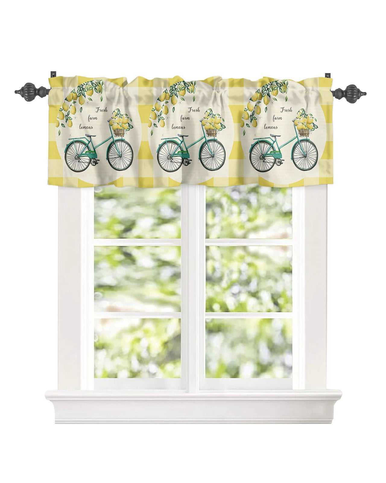 Curtain Valance for Windows Teal Bicycle Lemon Yellow Buffalo Check ...