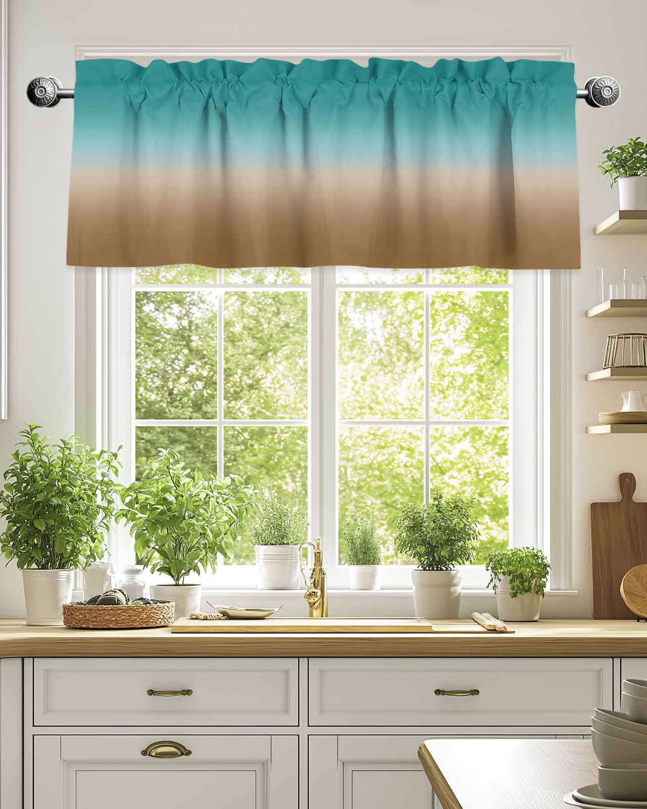 Curtain Valance for Windows,Teal Brown White Kitchen Valances Rod ...