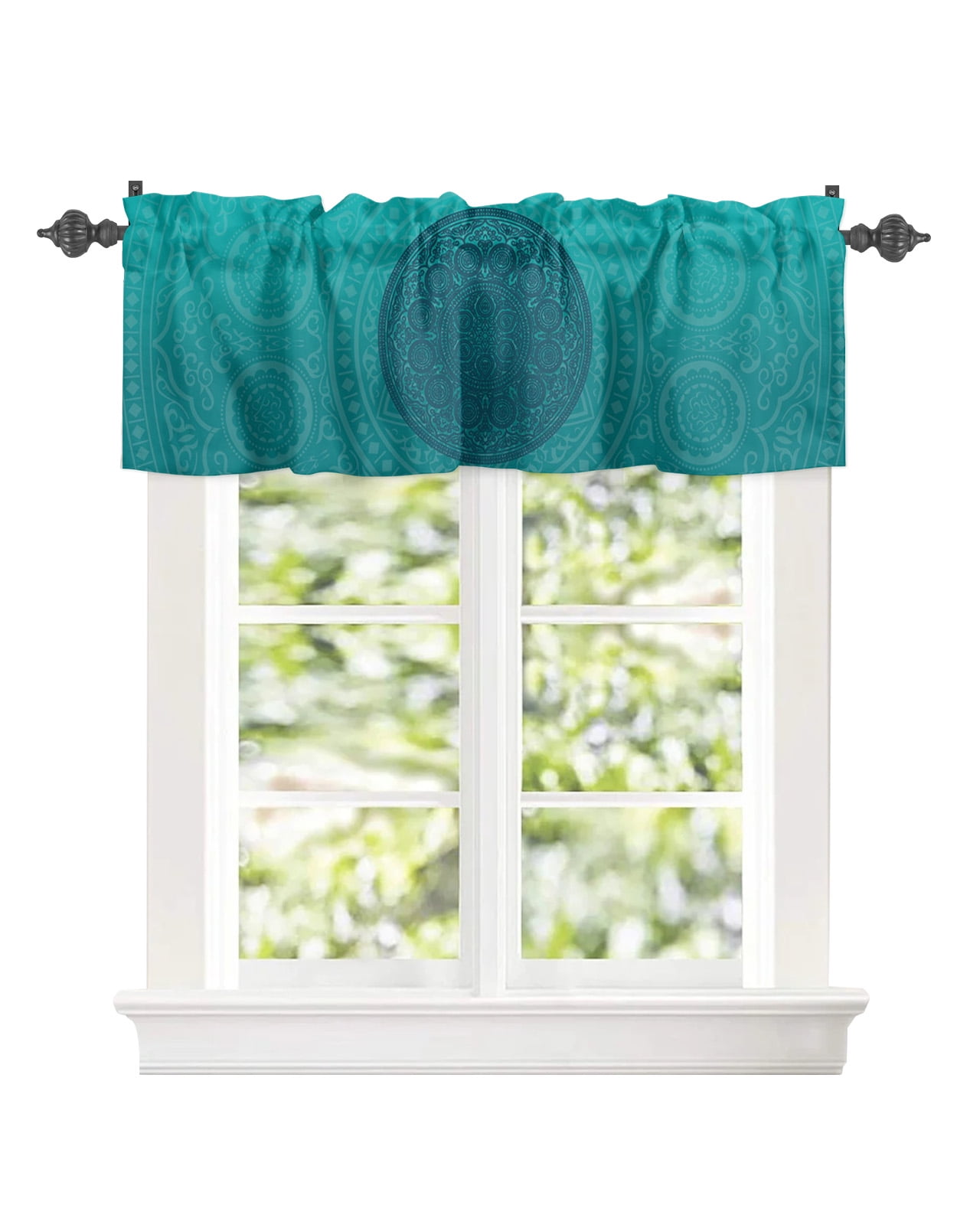 Curtain Valance for Windows Teal Mandala Flowers Texture Kitchen ...