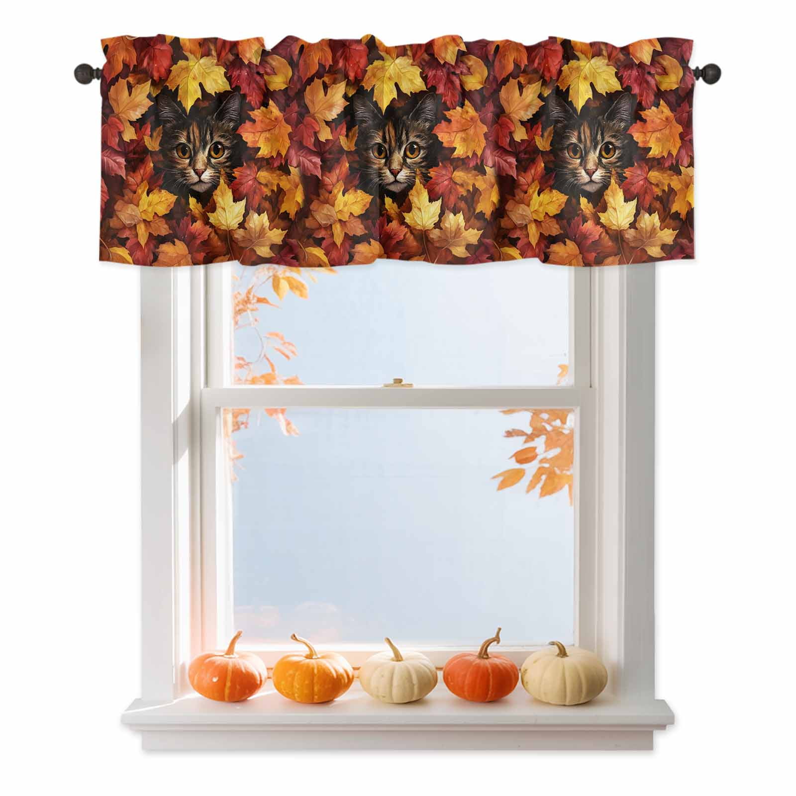 Curtain Valance for Windows,Thanksgiving Autumn Leaves Cute Cat Kitchen ...