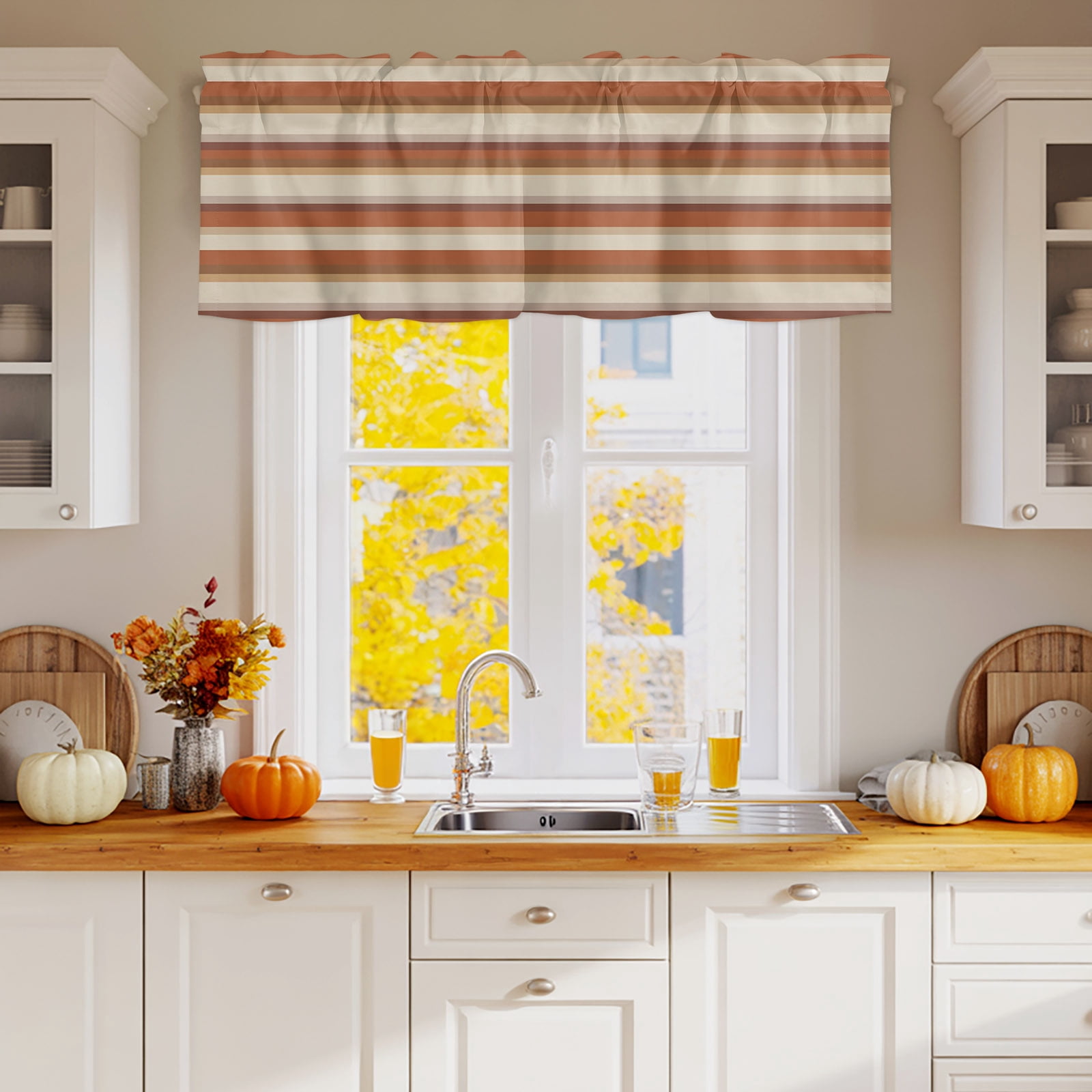 Curtain Valance for Windows, Thanksgiving Orange Brown Stripes Kitchen ...