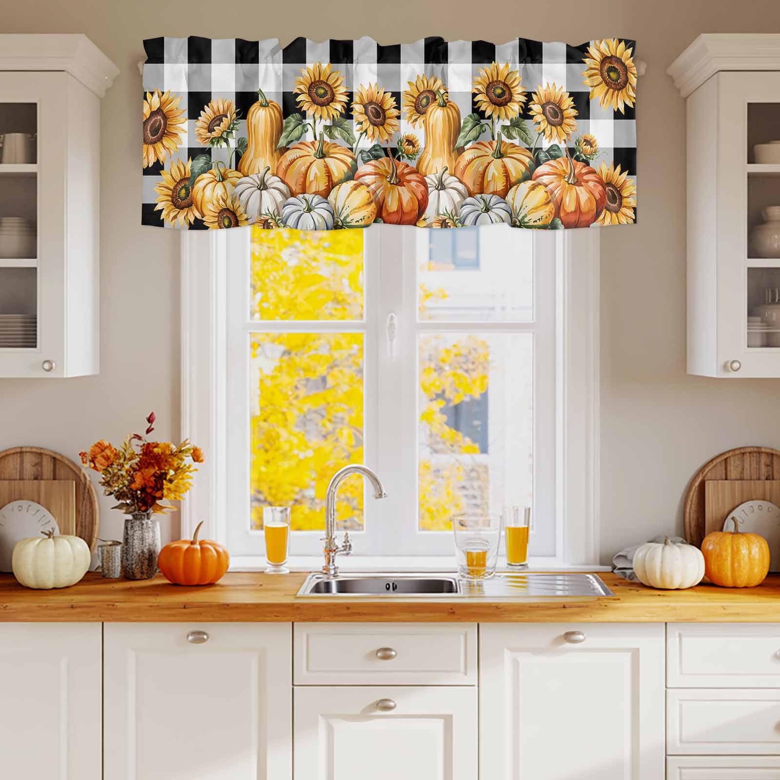 Curtain Valance for Windows,Thanksgiving Orange Pumpkin Fall Sunflower ...