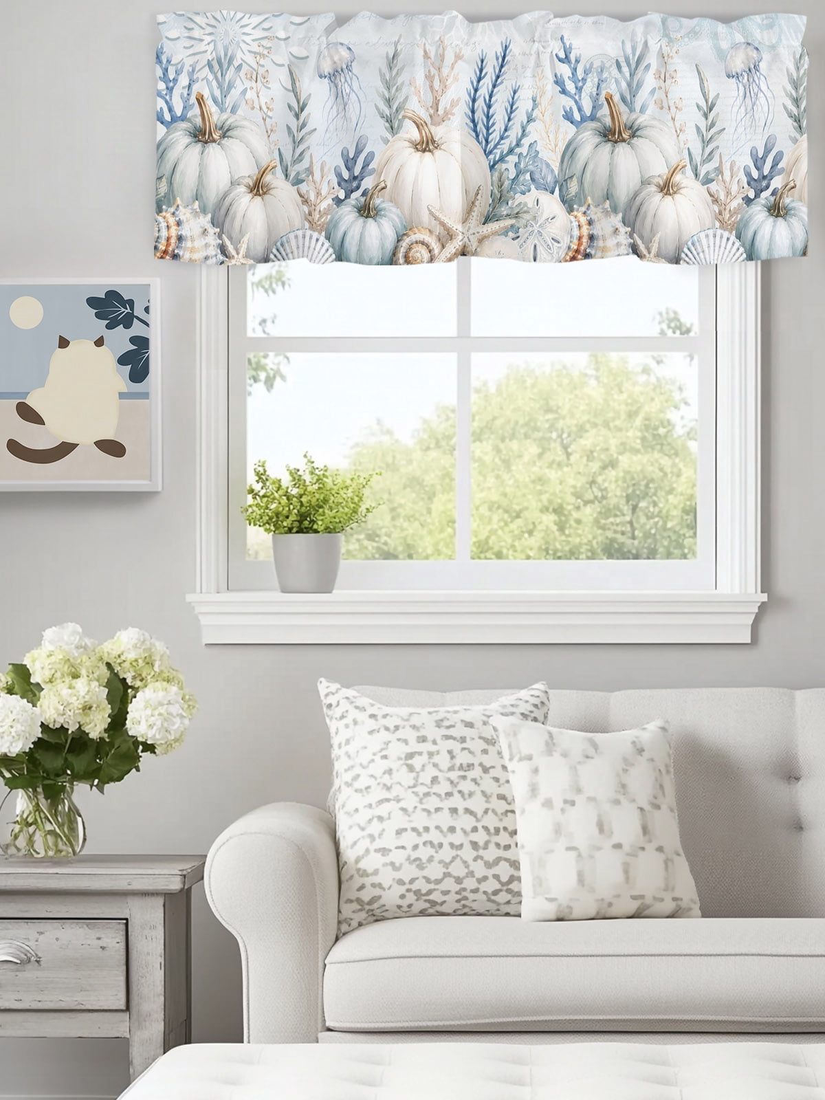 Curtain Valance for Windows, Thanksgiving Pumpkin Blue Ocean Coral ...
