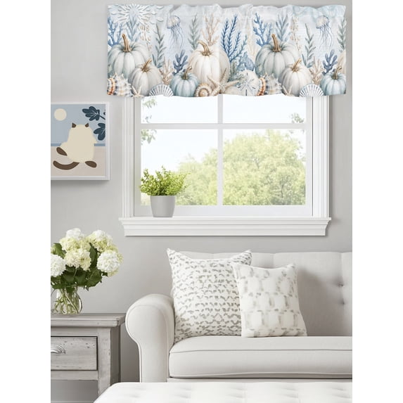 Curtain Valance for Windows, Thanksgiving Pumpkin Blue Ocean Coral ...