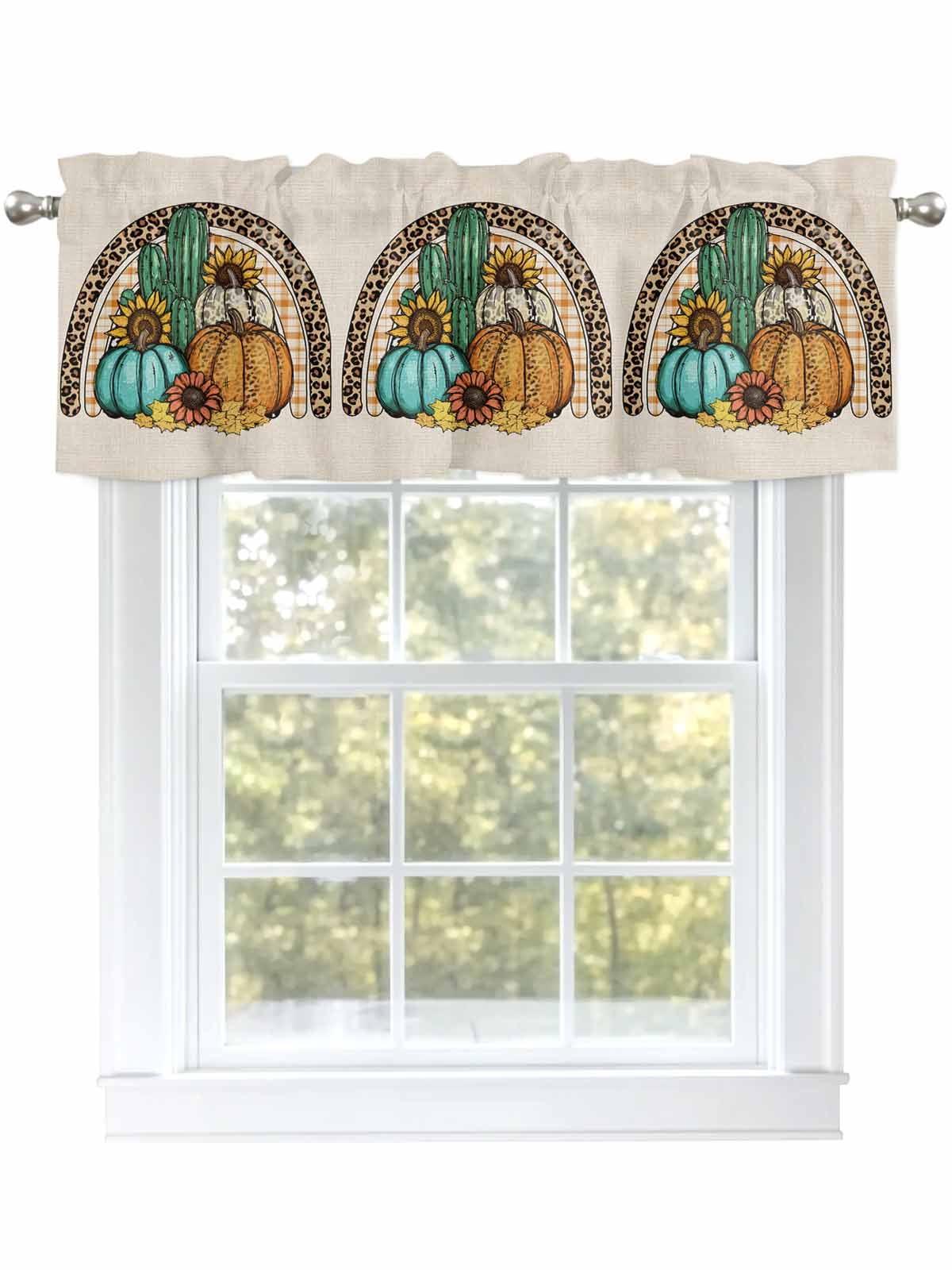 Curtain Valance for Windows,Thanksgiving Pumpkin Fall Sunflower Cactus ...