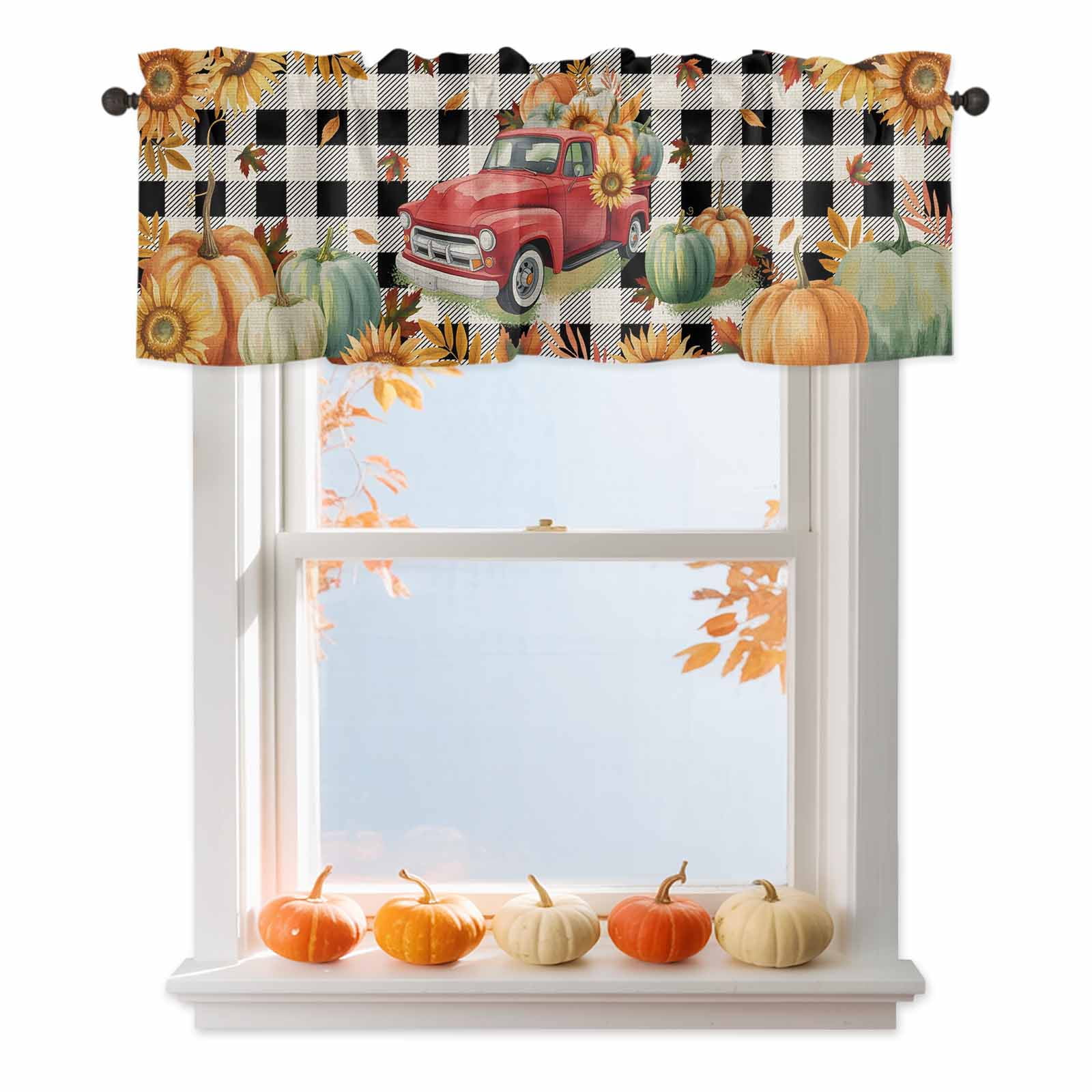 Curtain Valance for Windows,Thanksgiving Pumpkin Red Truck Kitchen ...