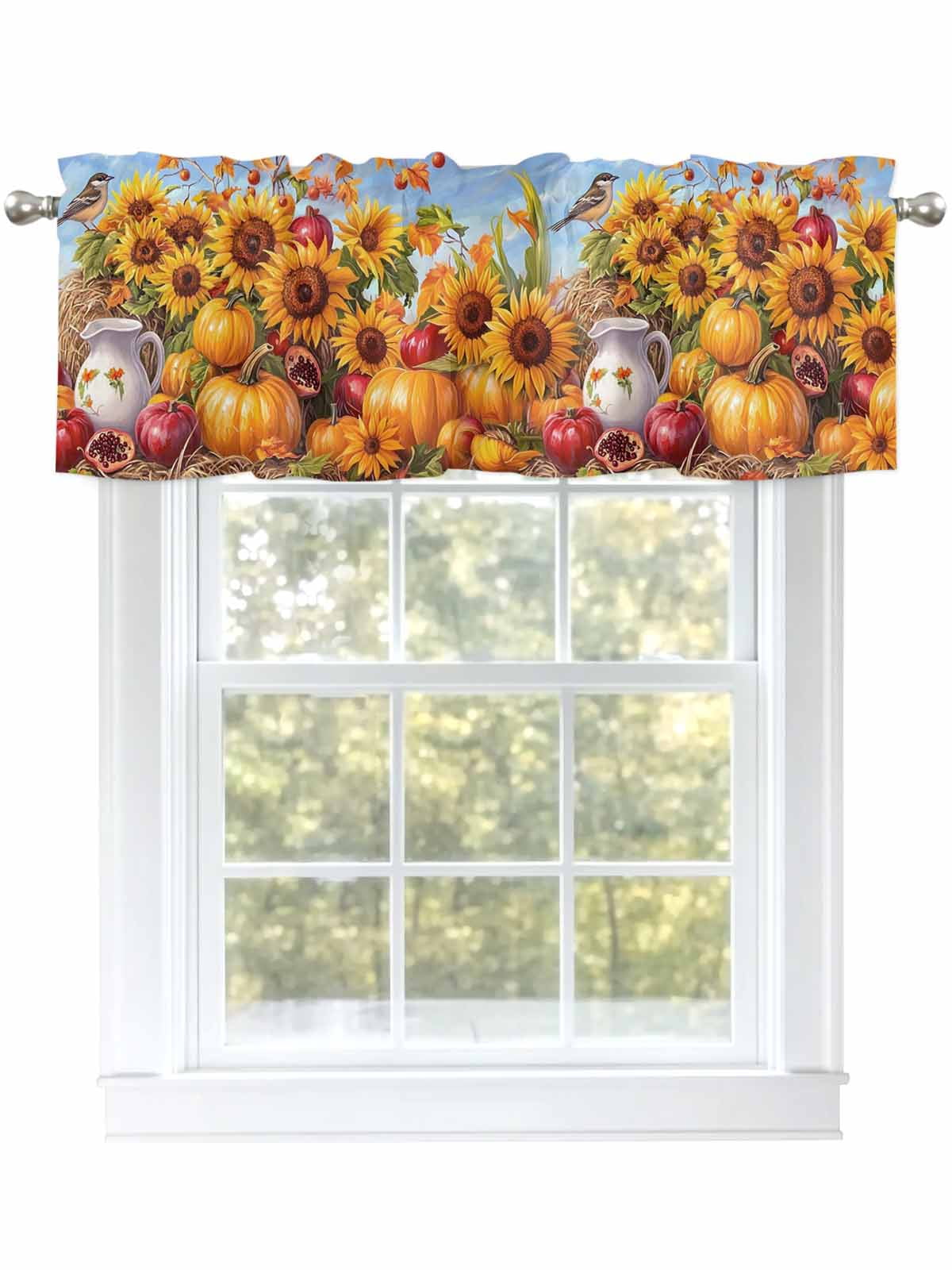 Curtain Valance for Windows,Thanksgiving Pumpkin Sunflower Watercolor ...