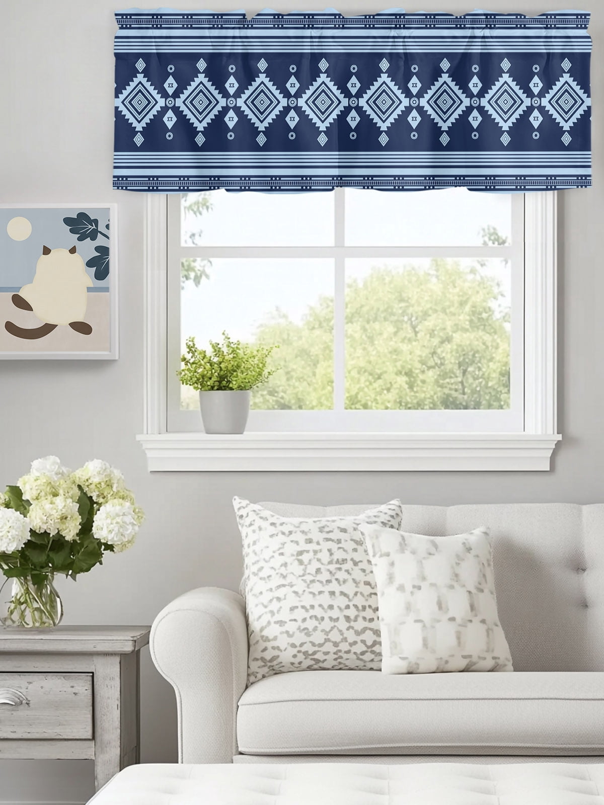 Curtain Valance for Windows, Tribal Geometric Blue Stripes Kitchen ...