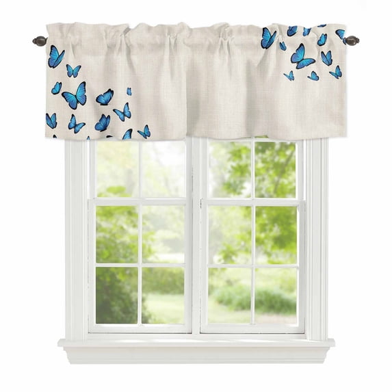 Curtain Valance for Windows, Vintage Blue Butterflies on Linen Kitchen ...