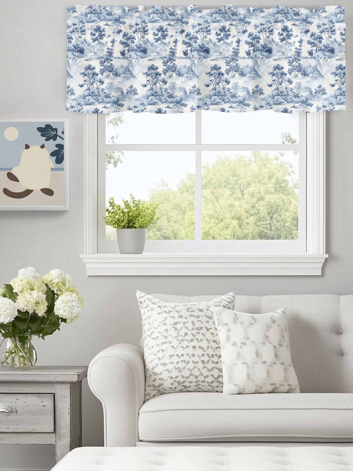 Curtain Valance for Windows, Vintage Blue Garden Tree Mountain Kitchen ...