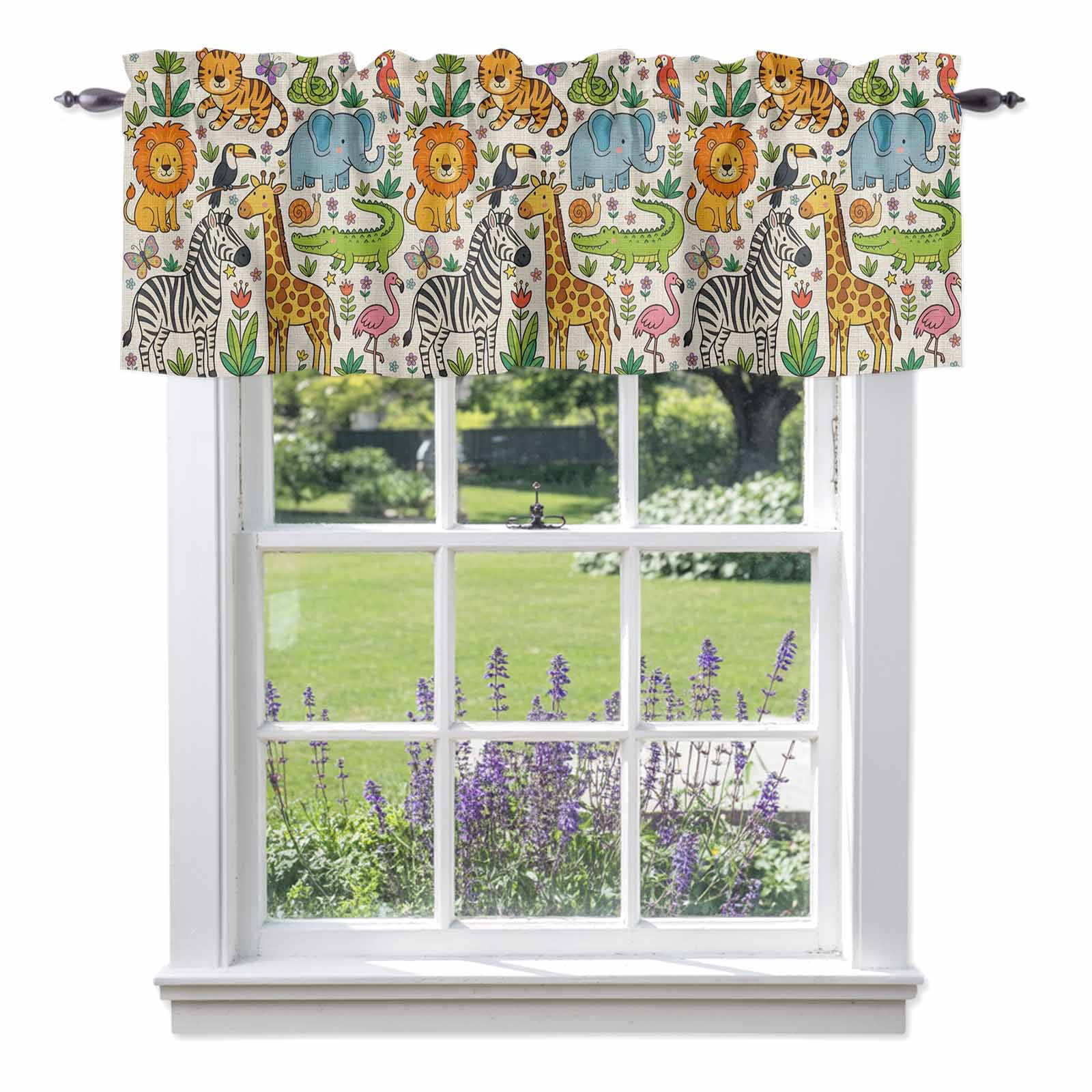 Curtain Valance for Windows, Vintage Cartoons Lions Tigers Giraffes ...