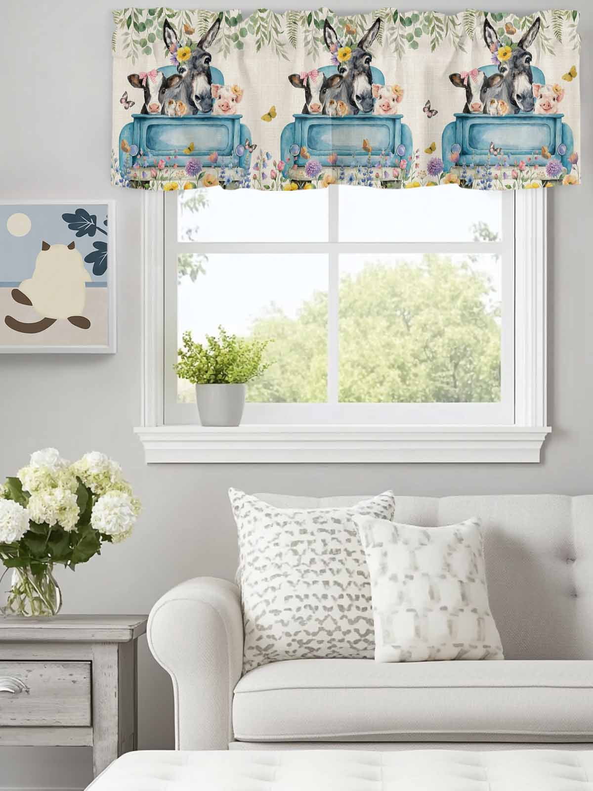 Curtain Valance for Windows, Vintage Farm Donkeys Pigs Cows Kitchen ...