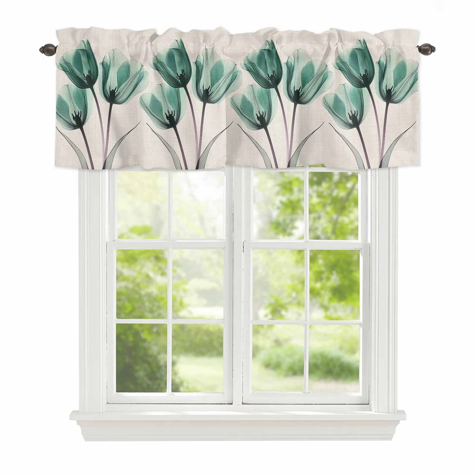 Curtain Valance for Windows, Vintage Gradient Teal Floral Kitchen ...