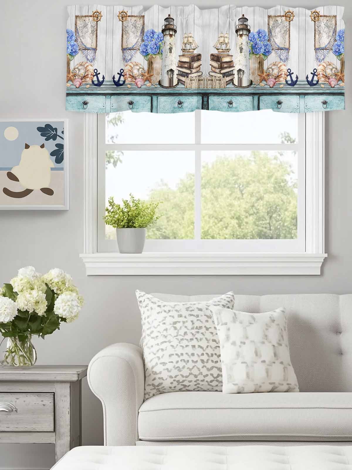 Curtain Valance for Windows, Vintage Lighthouse Anchor Flower Kitchen ...