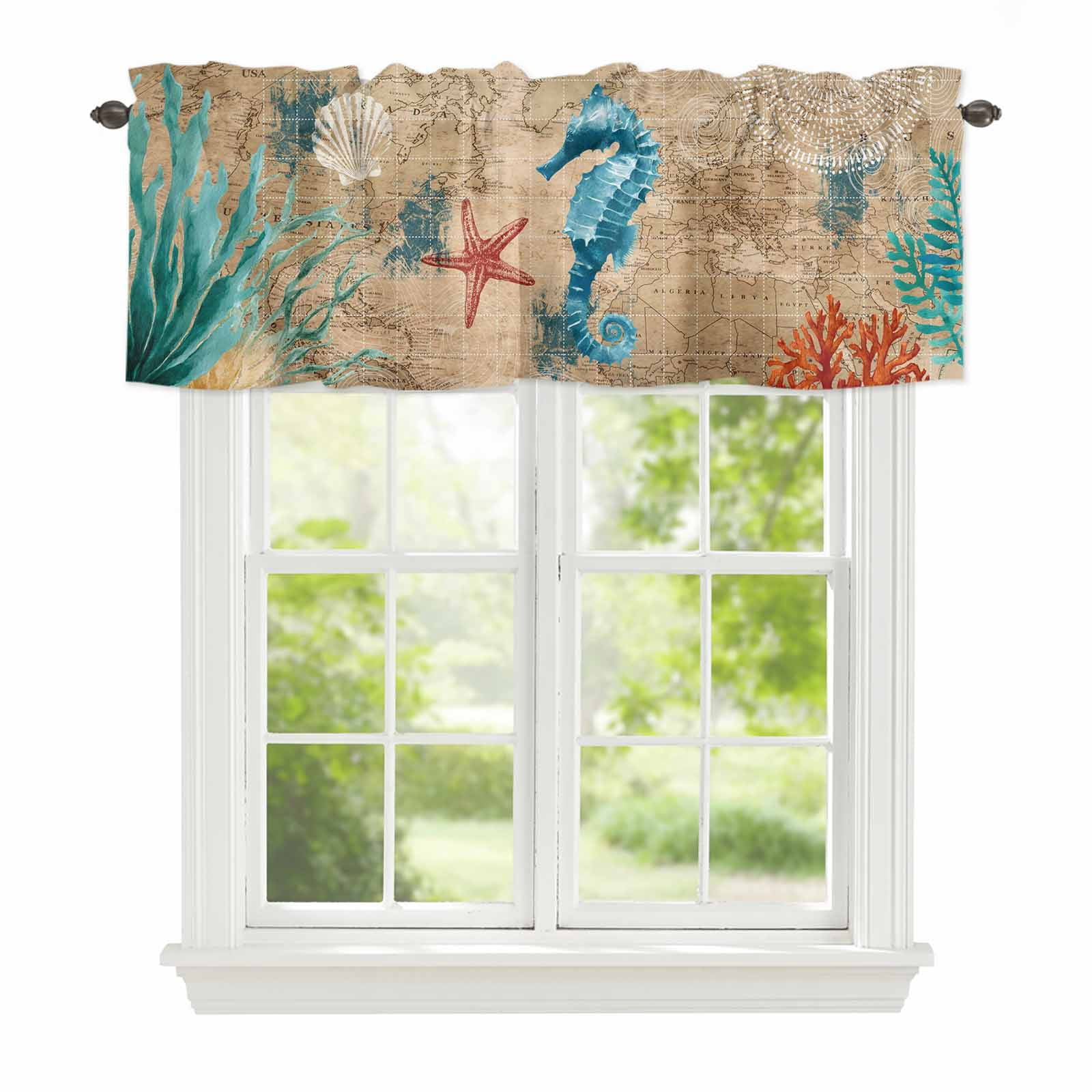 Curtain Valance for Windows, Vintage Nautical Ocean Life Seahorse ...