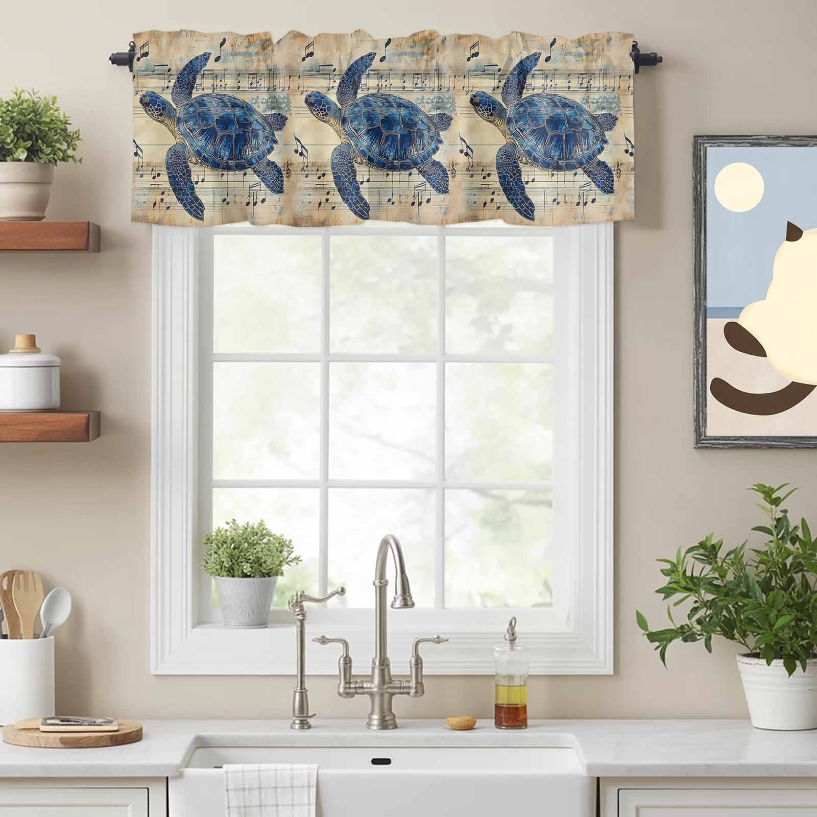 Curtain Valance for Windows, Vintage Ocean Blue Turtle Kitchen Valances ...