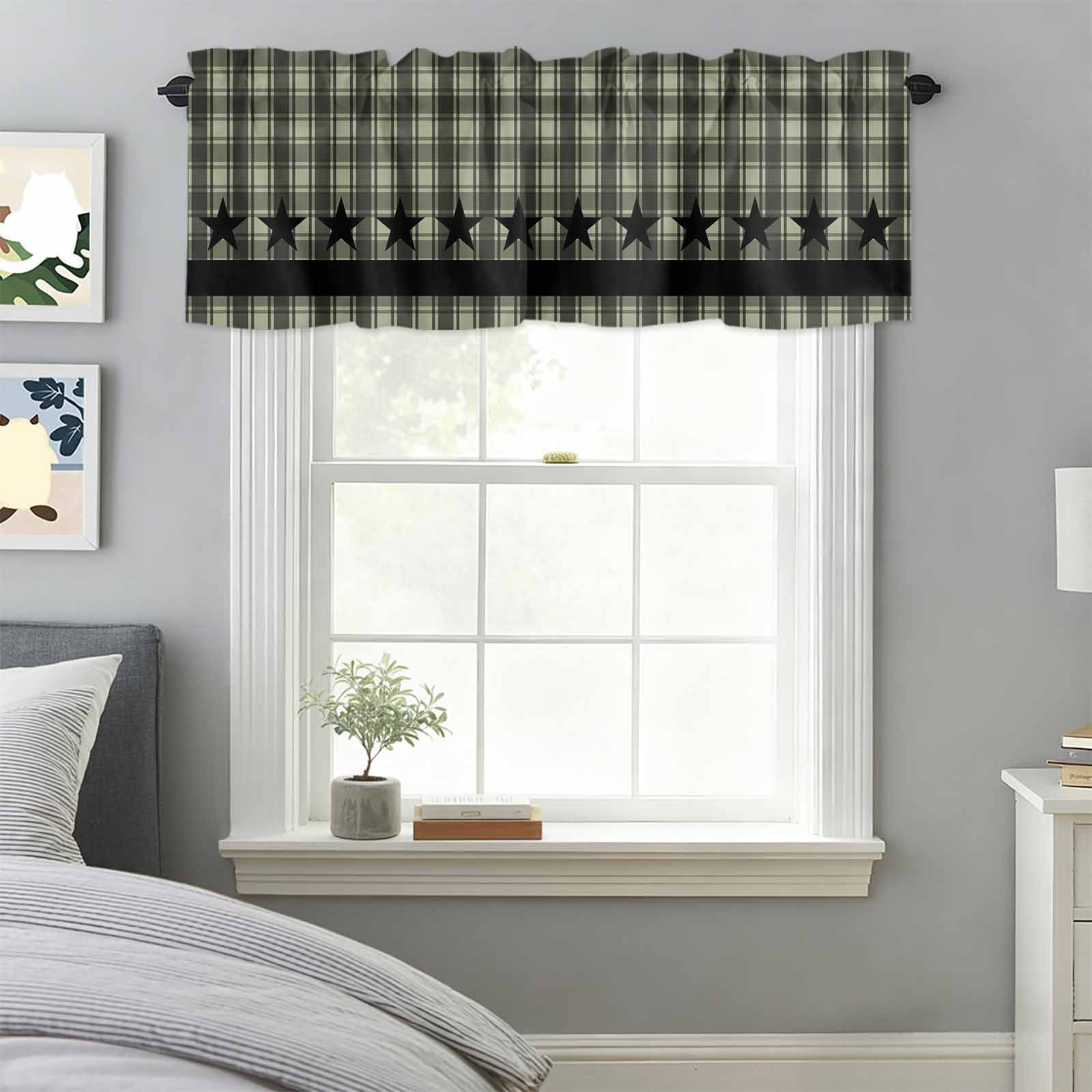 Curtain Valance for Windows, Vintage Sage Green Black Plaid Kitchen ...